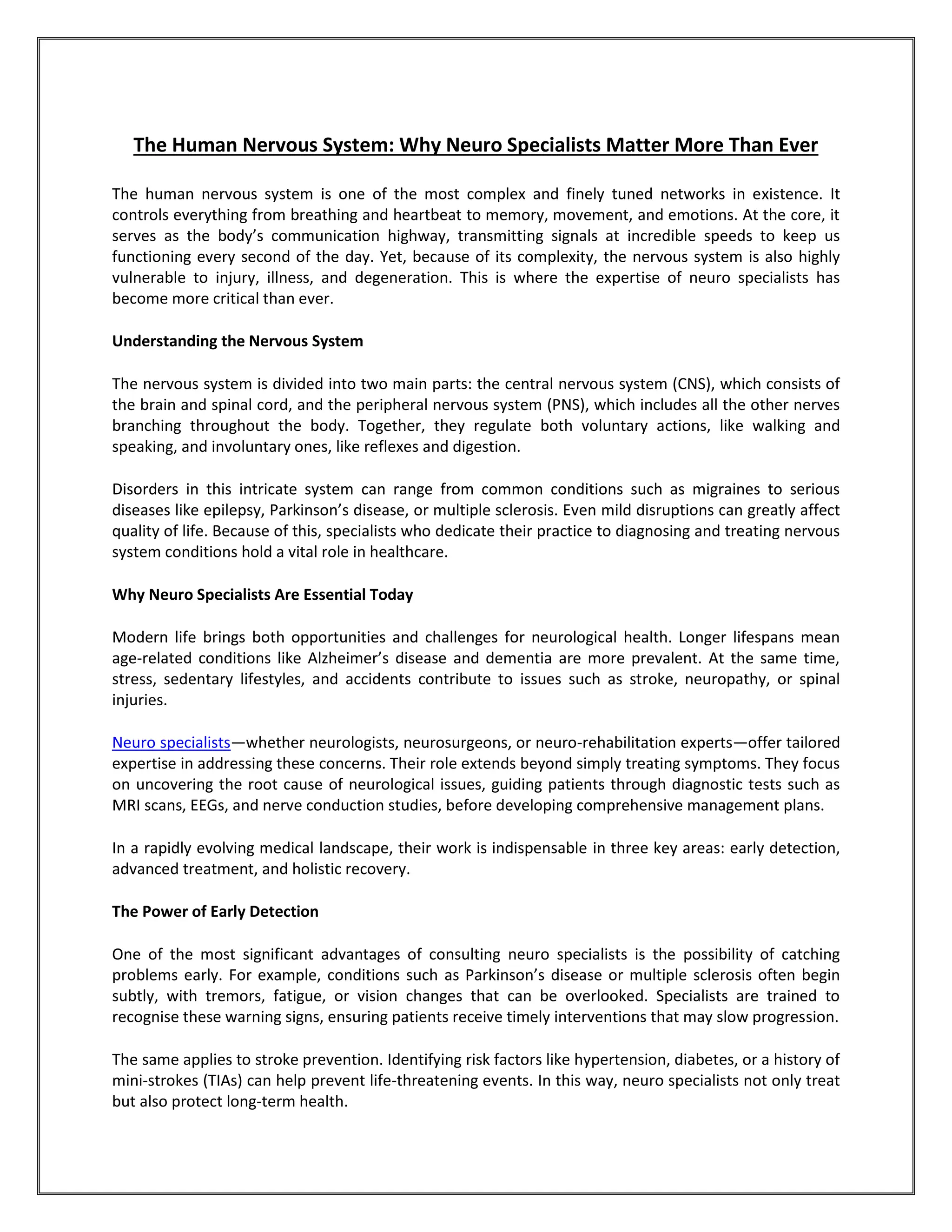 The Human Nervous System: Why Neuro Specialists Matter More Than Ever | PDF