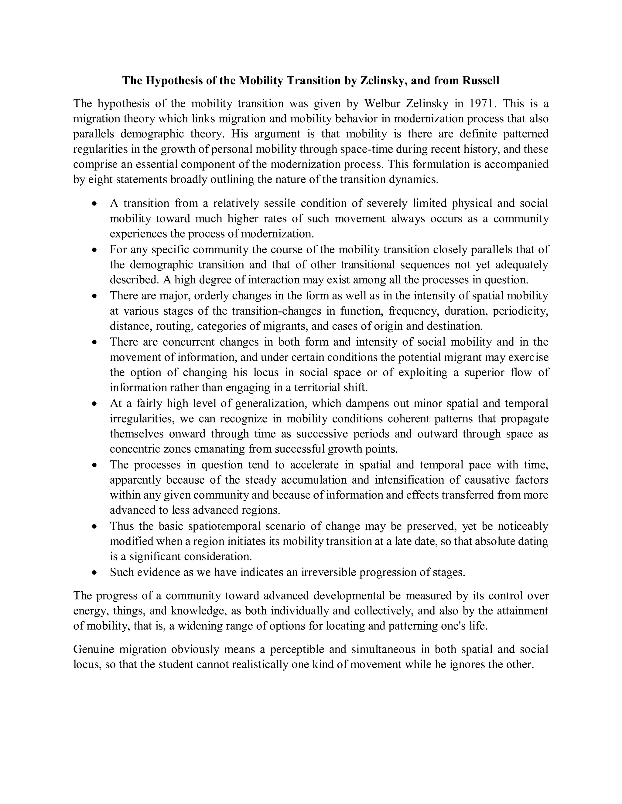 The hypothesis of the mobility transition by zelinsky and from russel ...