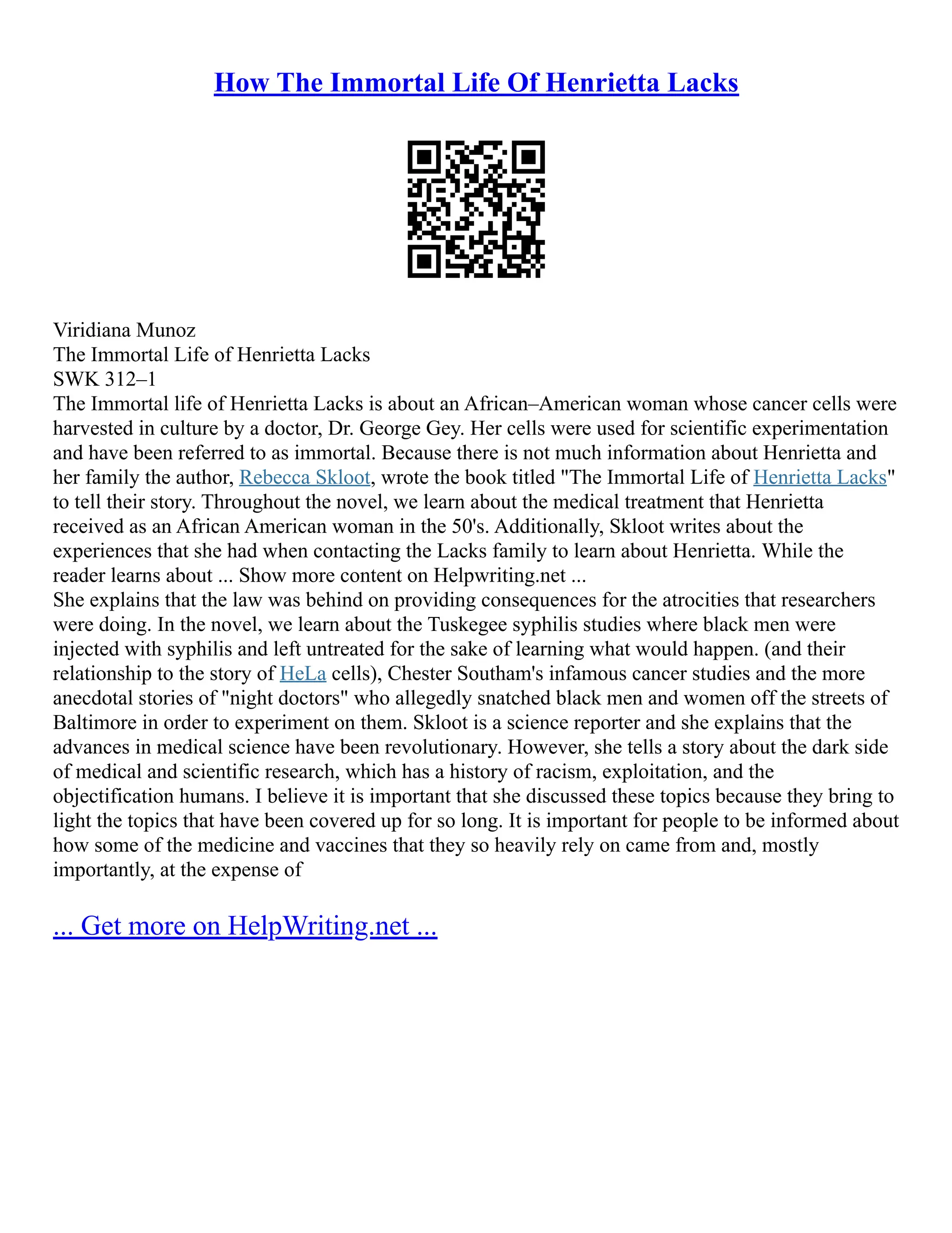 The Immortal Life Of Henrietta Lacks | PDF