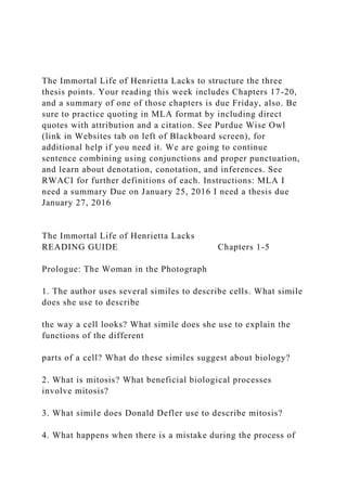 The Immortal Life of Henrietta Lacks to structure the three thes.docx ...