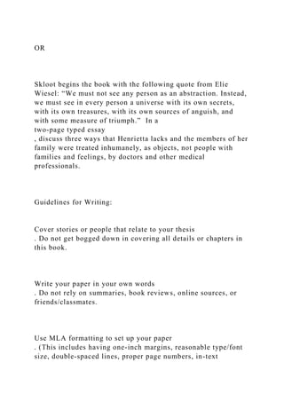 The Immortal Life of Henrietta Lacks to structure the three thes.docx ...