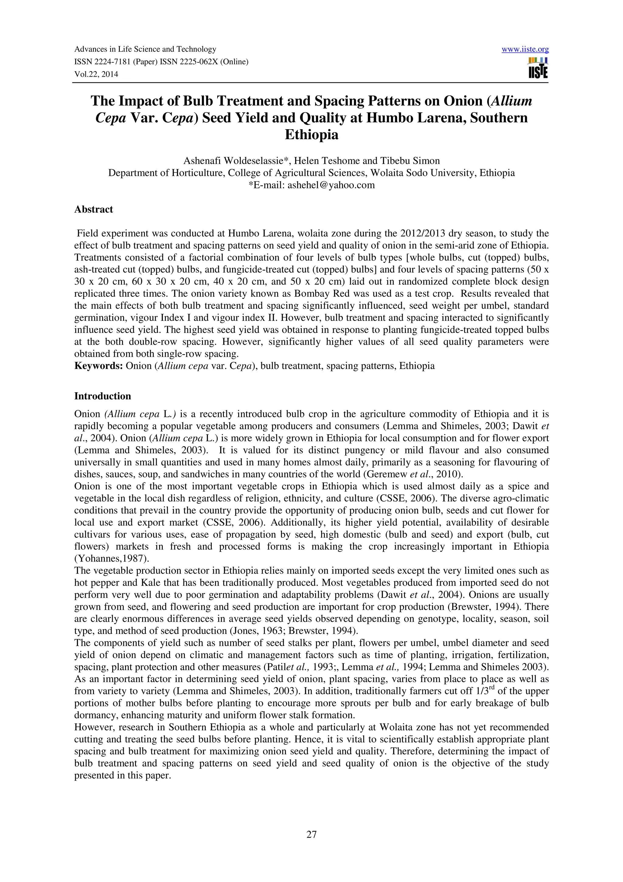 The impact of bulb treatment and spacing patterns on onion (allium | PDF