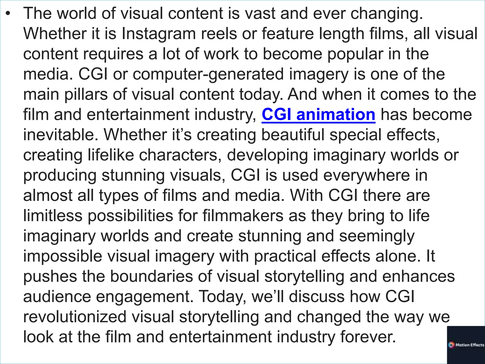 The Impact of CGI on Visual Storytelling.pptx | Computer Animation | Computer Software and ...