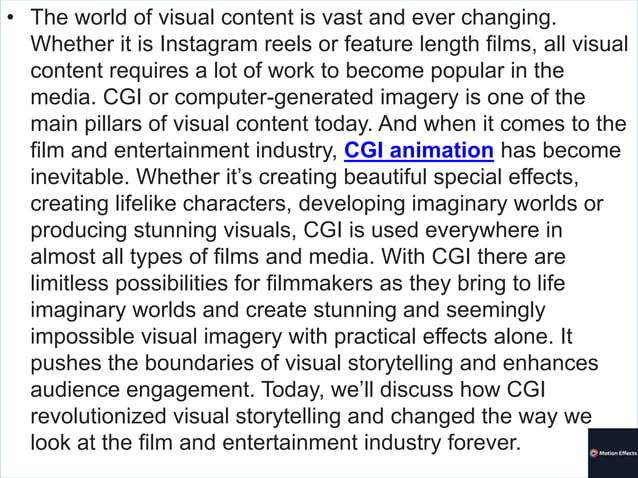 The Impact of CGI on Visual Storytelling.pptx | Computer Animation | Computer Software and ...