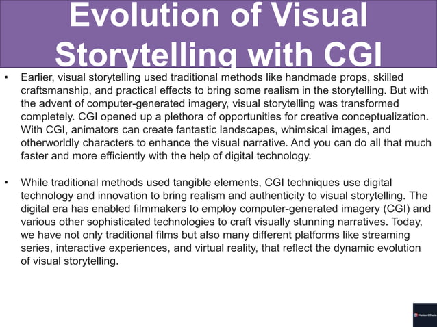 The Impact of CGI on Visual Storytelling.pptx | Computer Animation | Computer Software and ...