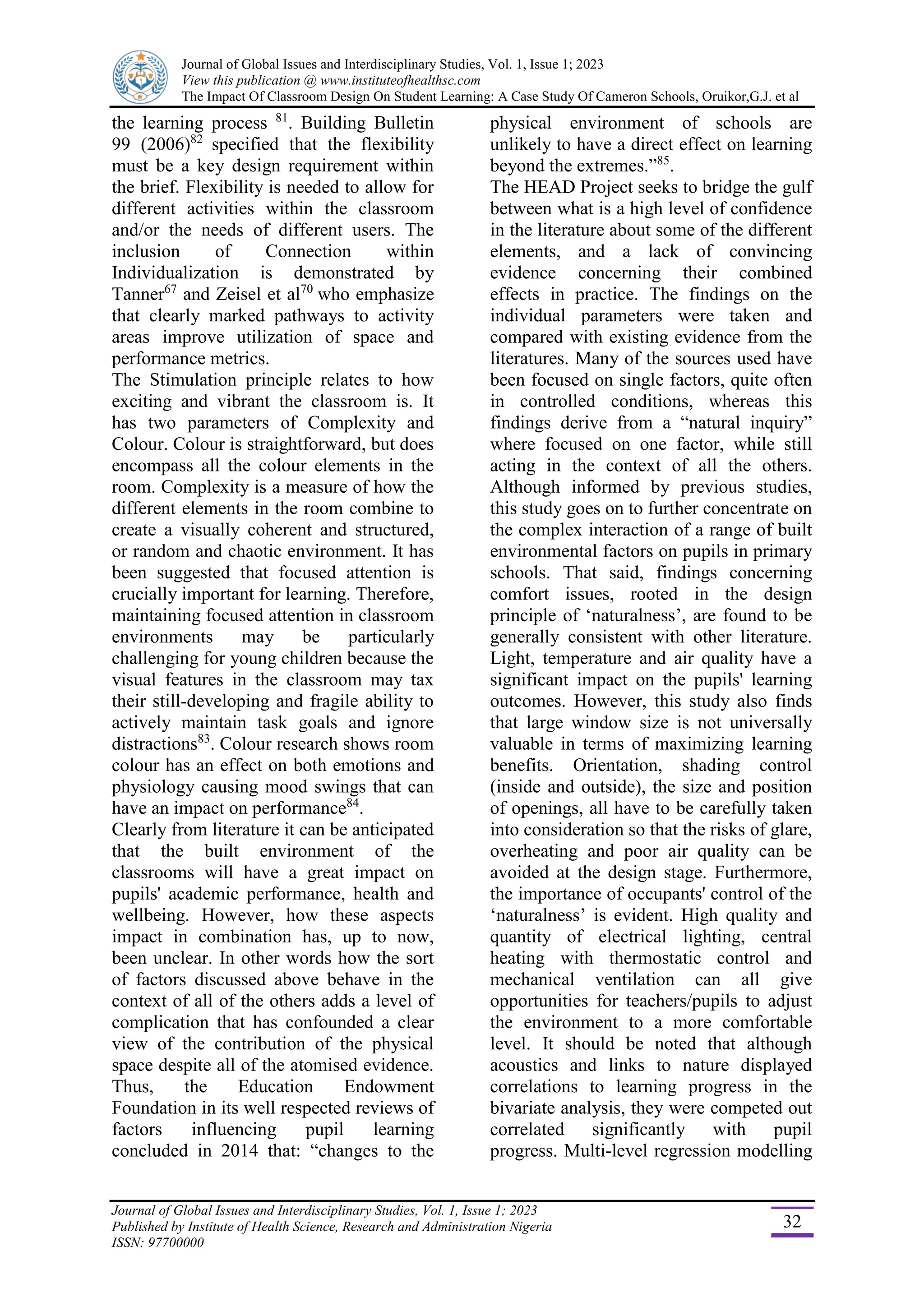 THE IMPACT OF CLASSROOM DESIGN LEARNING: A CASE STUDY OF CAMEROON SCHOOLS | PDF