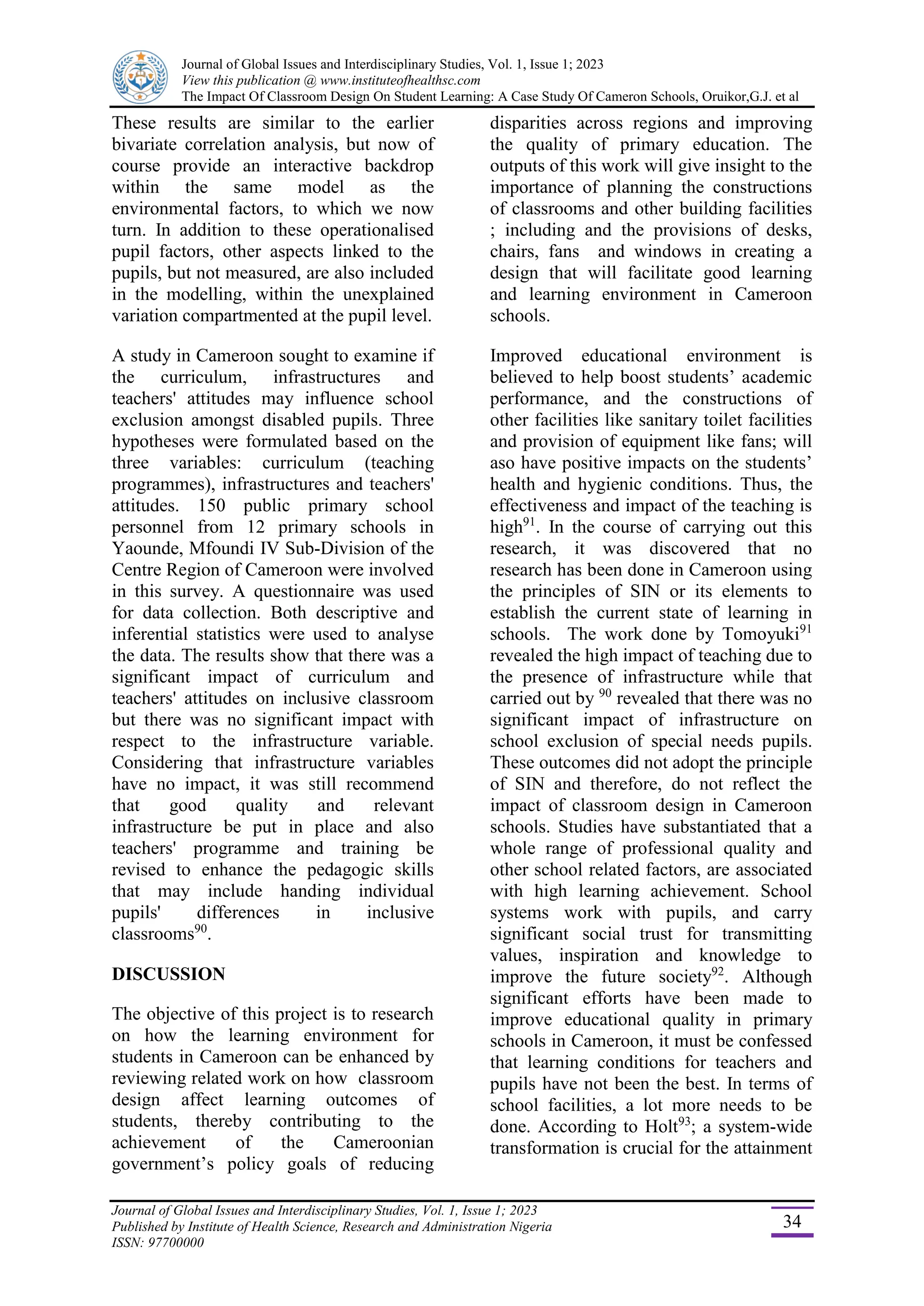 THE IMPACT OF CLASSROOM DESIGN LEARNING: A CASE STUDY OF CAMEROON ...