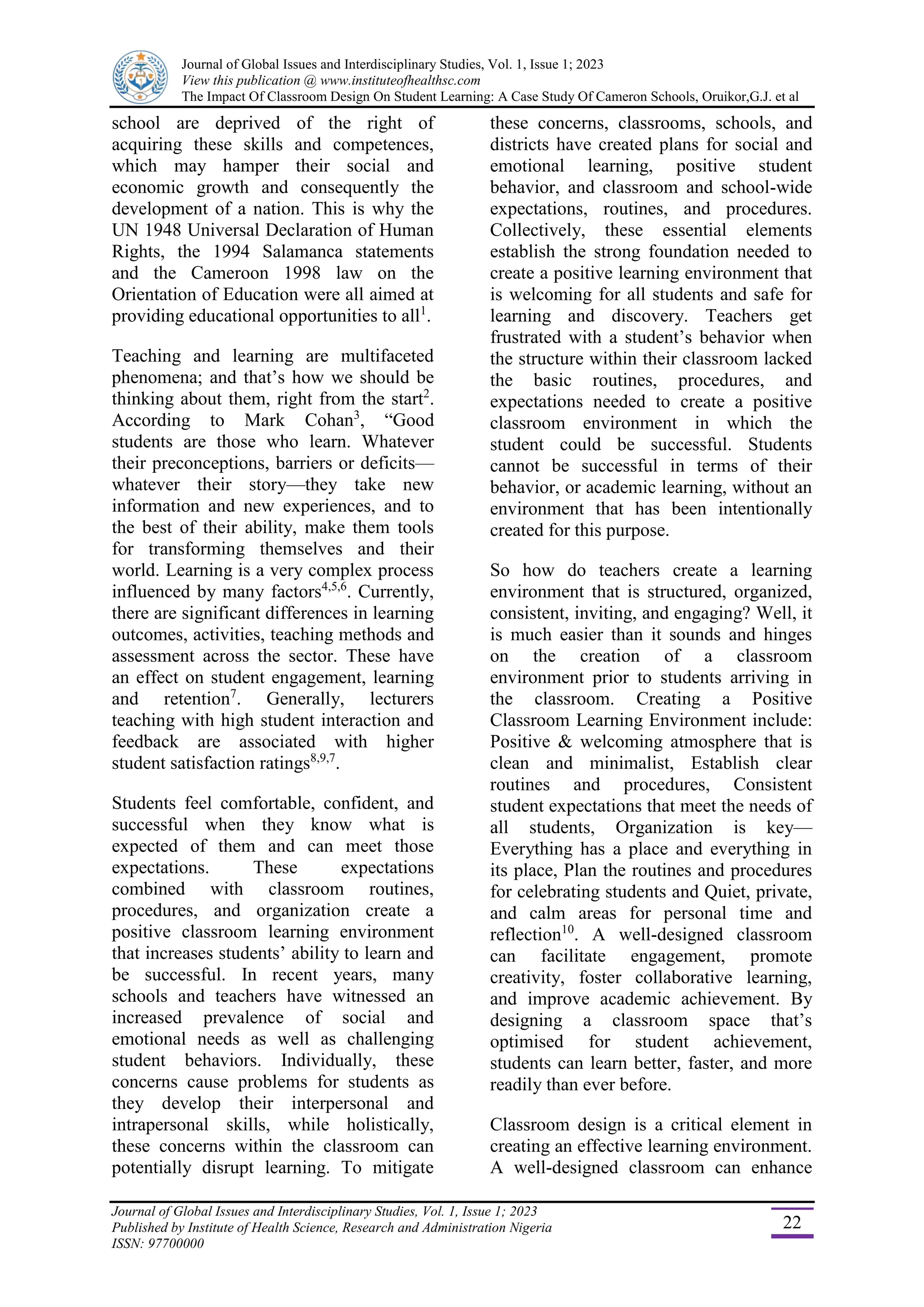 THE IMPACT OF CLASSROOM DESIGN LEARNING: A CASE STUDY OF CAMEROON SCHOOLS | PDF