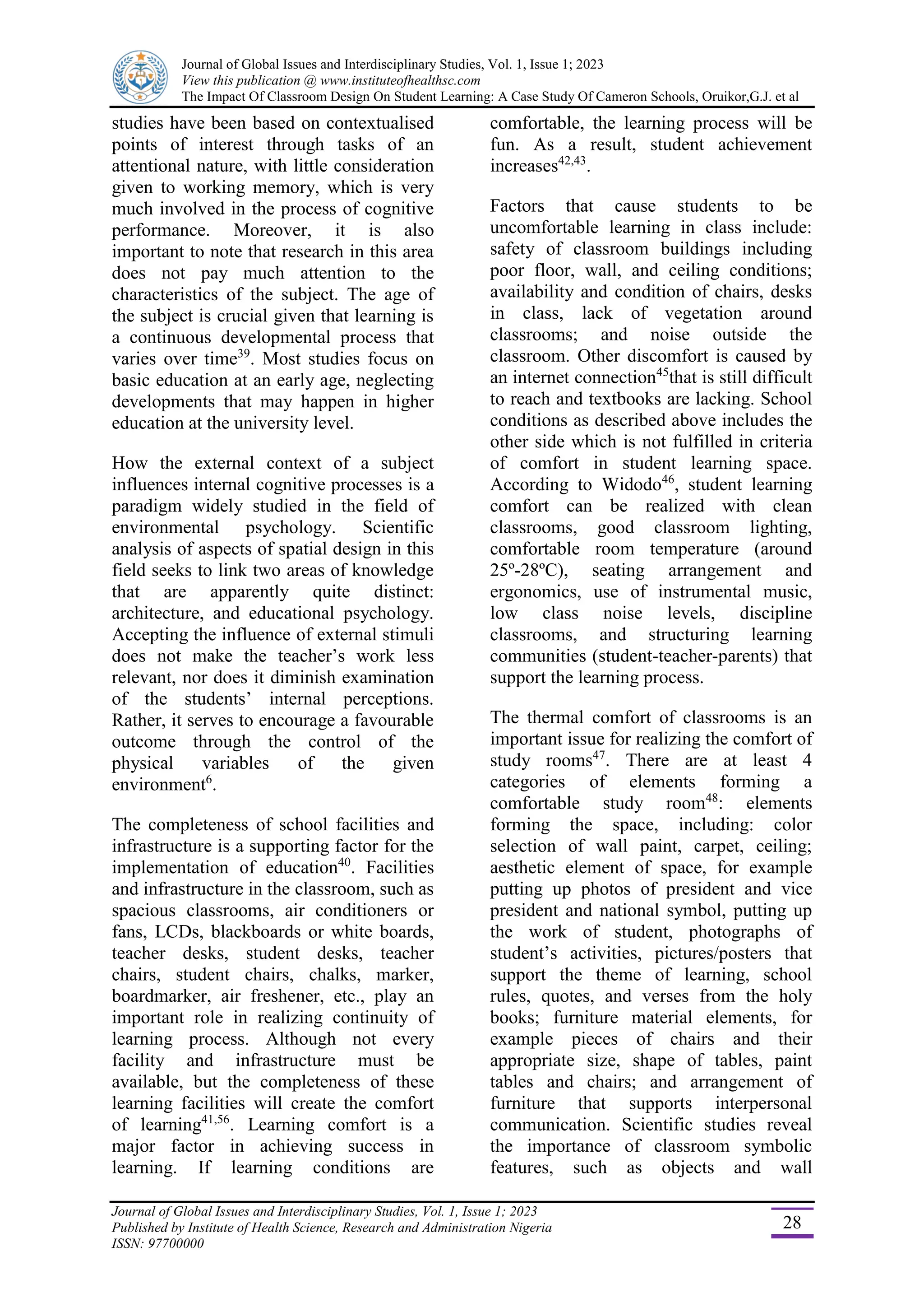 THE IMPACT OF CLASSROOM DESIGN LEARNING: A CASE STUDY OF CAMEROON SCHOOLS | PDF