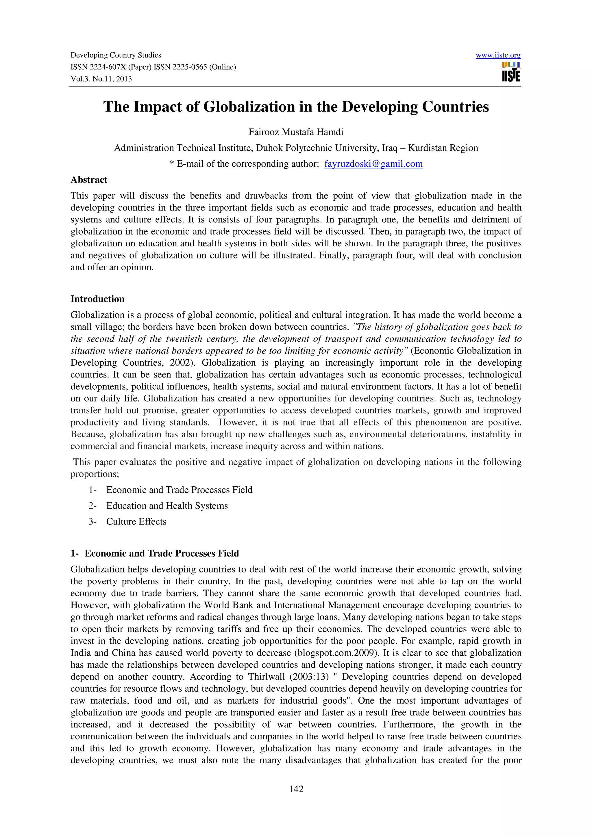 The impact of globalization in the developing countries | PDF