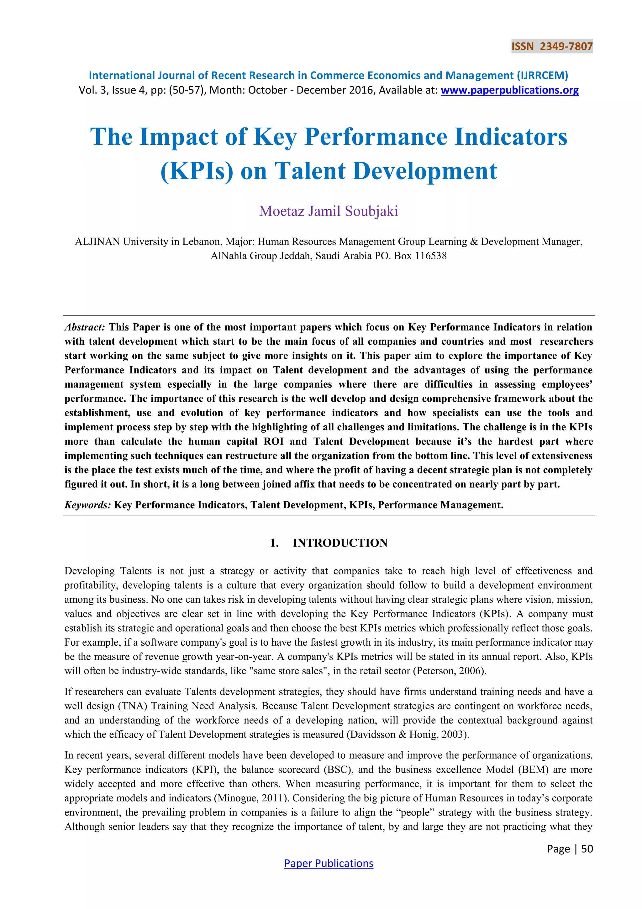 The Impact of Key Performance Indicators (KPIs) on Talent Development | PDF