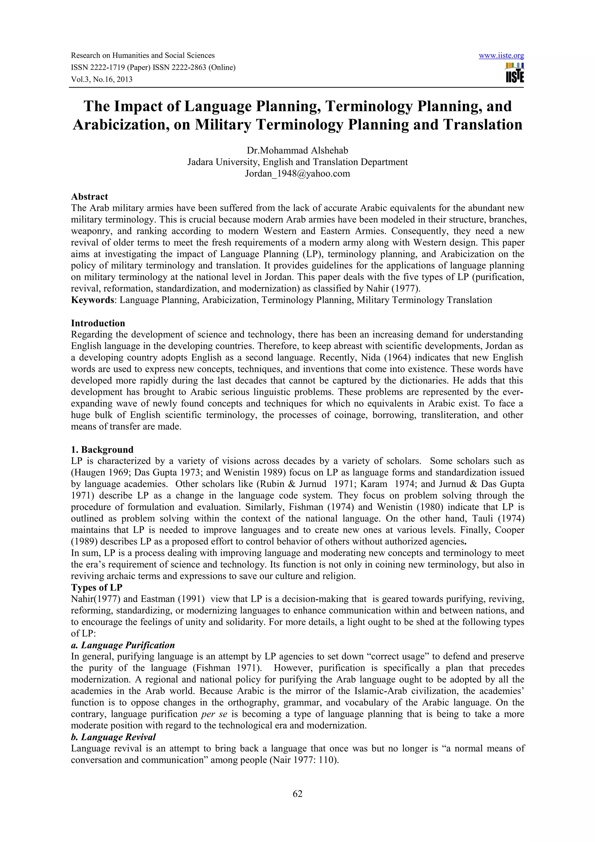 The impact of language planning, terminology planning, and ...