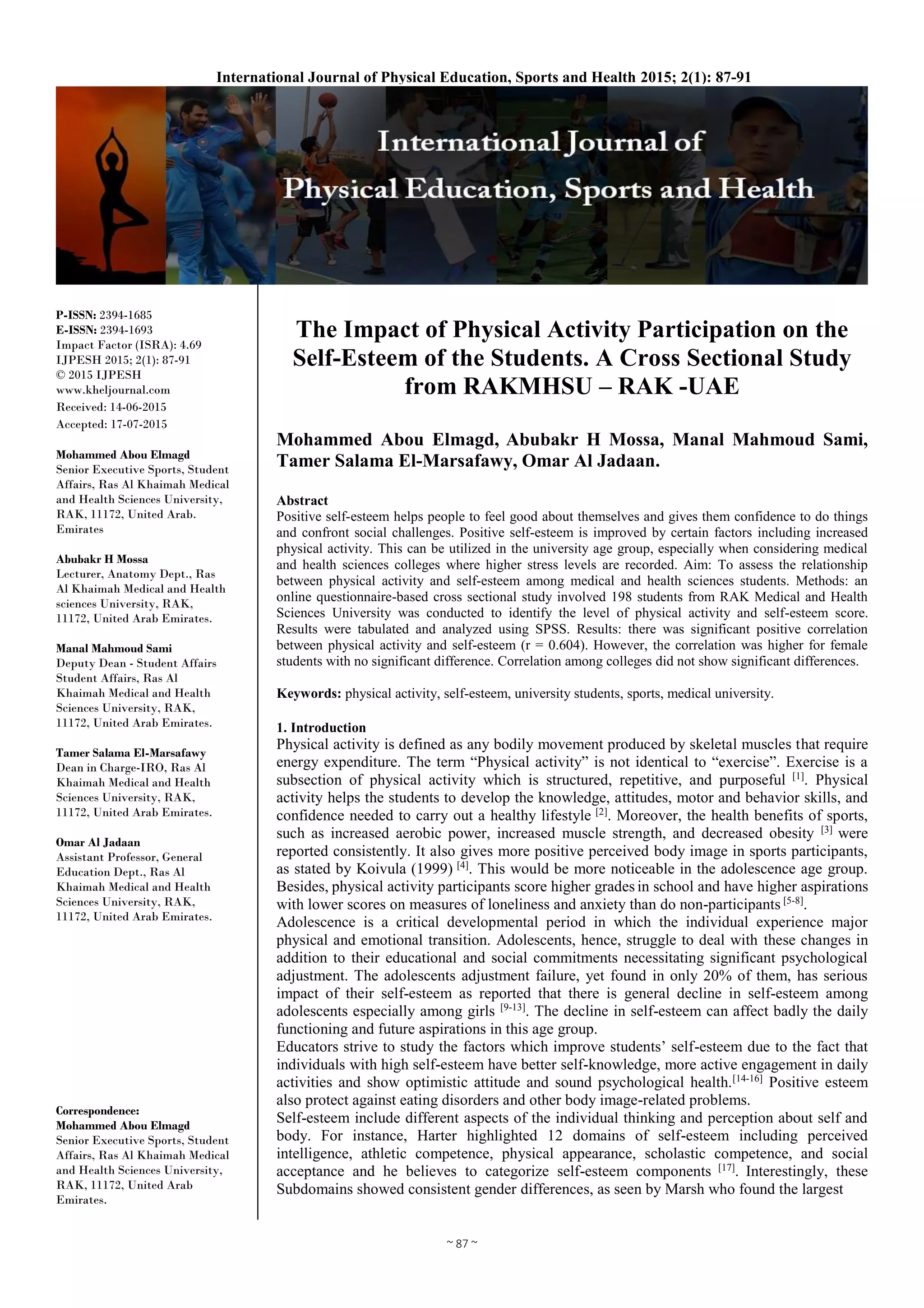 The impact of physical activity participation on the self esteem of the ...