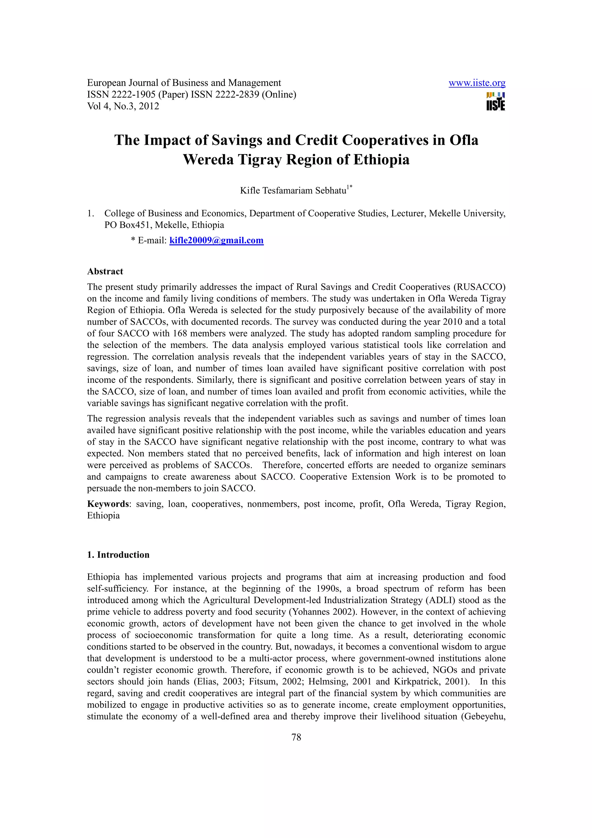 The impact of savings and credit cooperatives in ofla wereda tigray ...