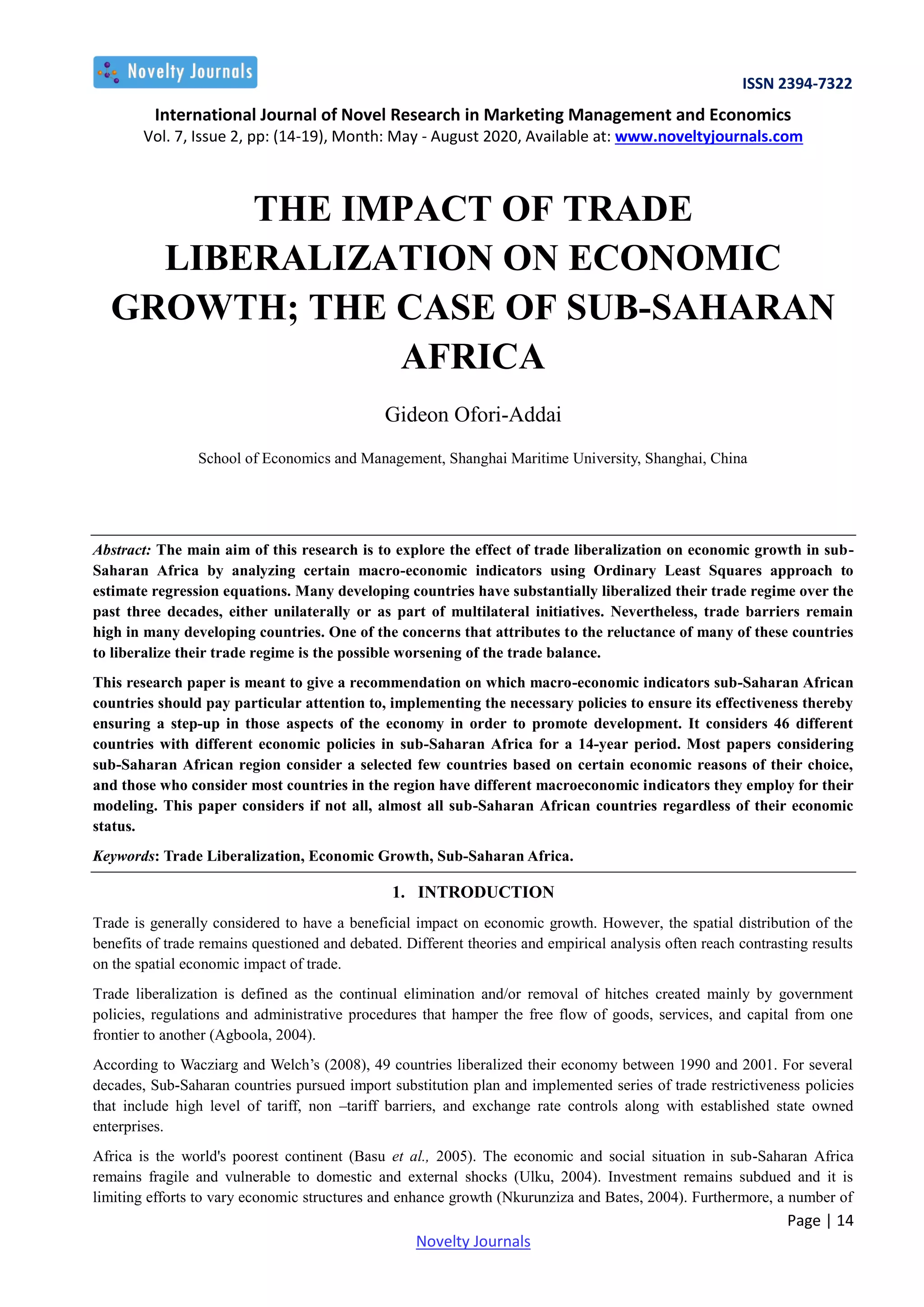 THE IMPACT OF TRADE LIBERALIZATION ON ECONOMIC GROWTH; THE CASE OF SUB ...