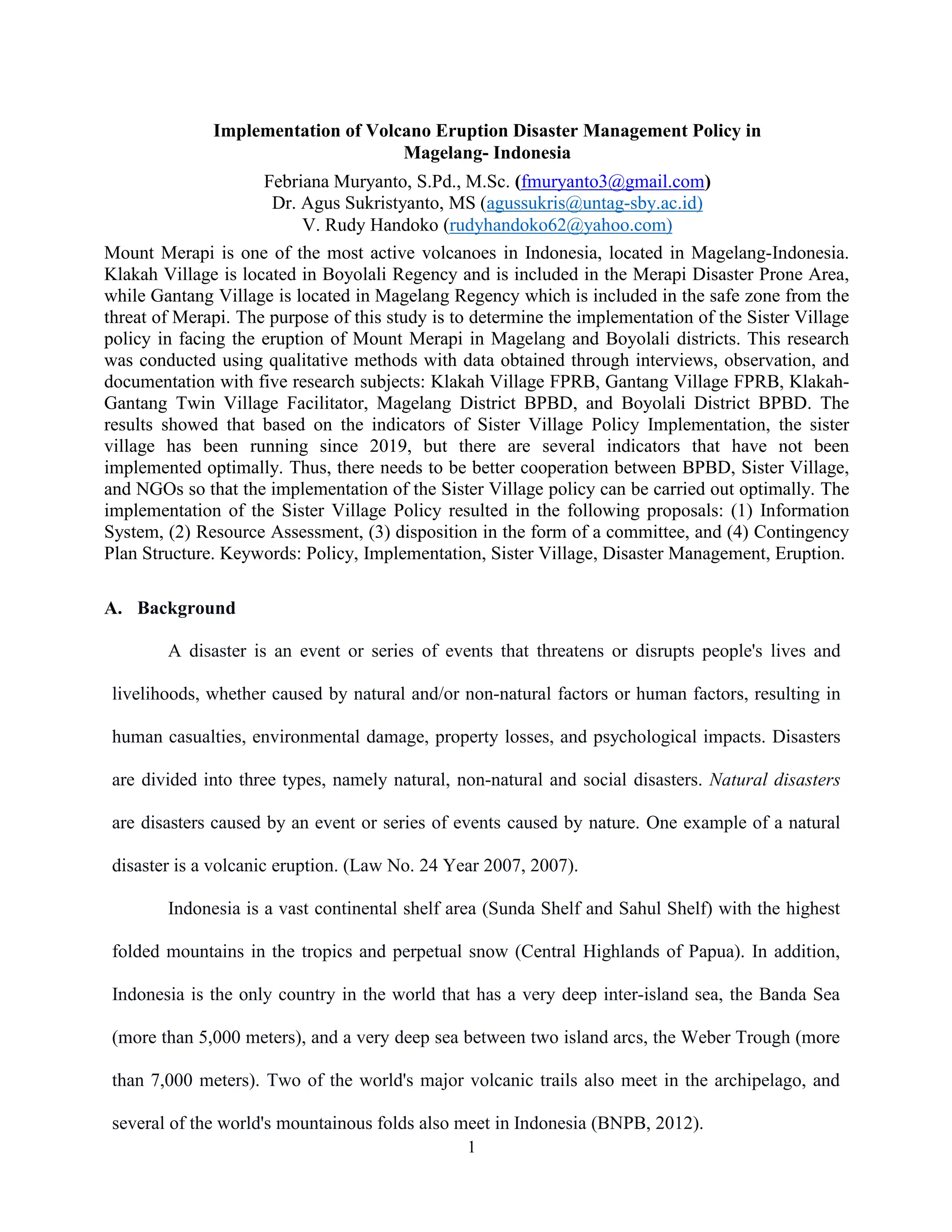 The Implementation of Disaster Management Policy of Mount Merapi ...