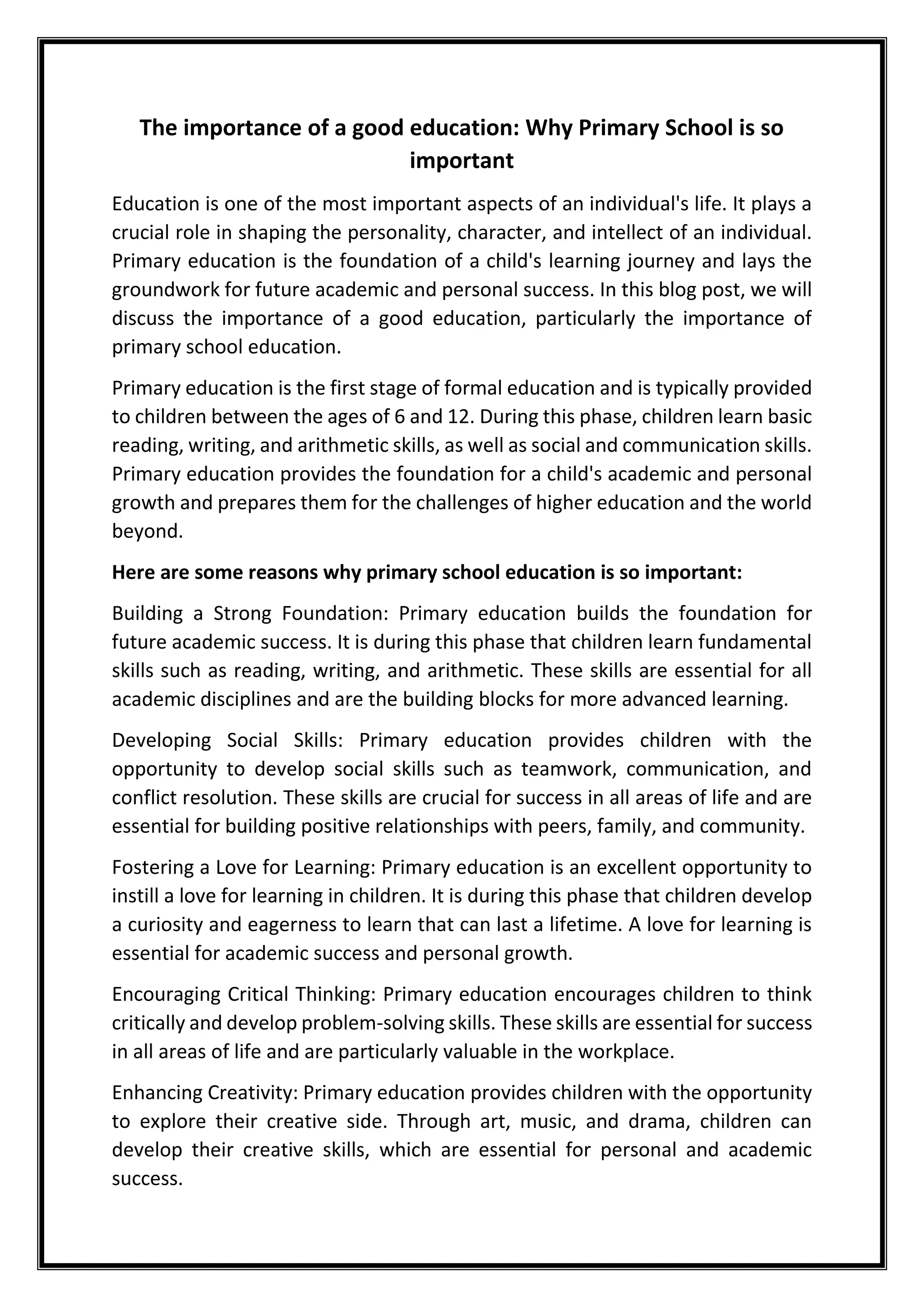 The importance of a good education Why Primary School is so important | PDF