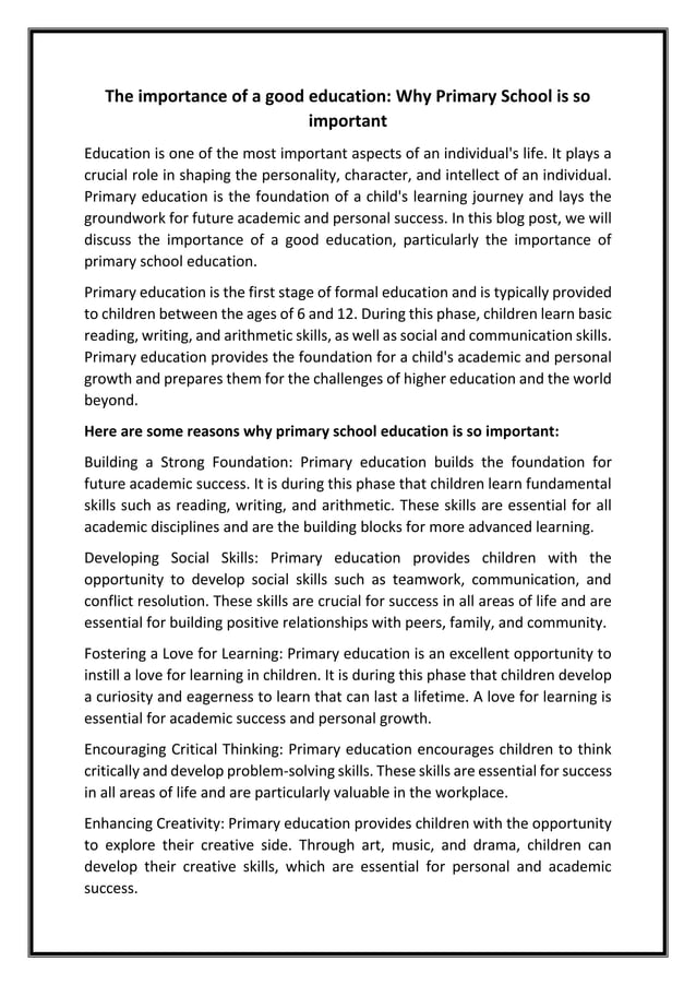 The importance of a good education Why Primary School is so important | PDF