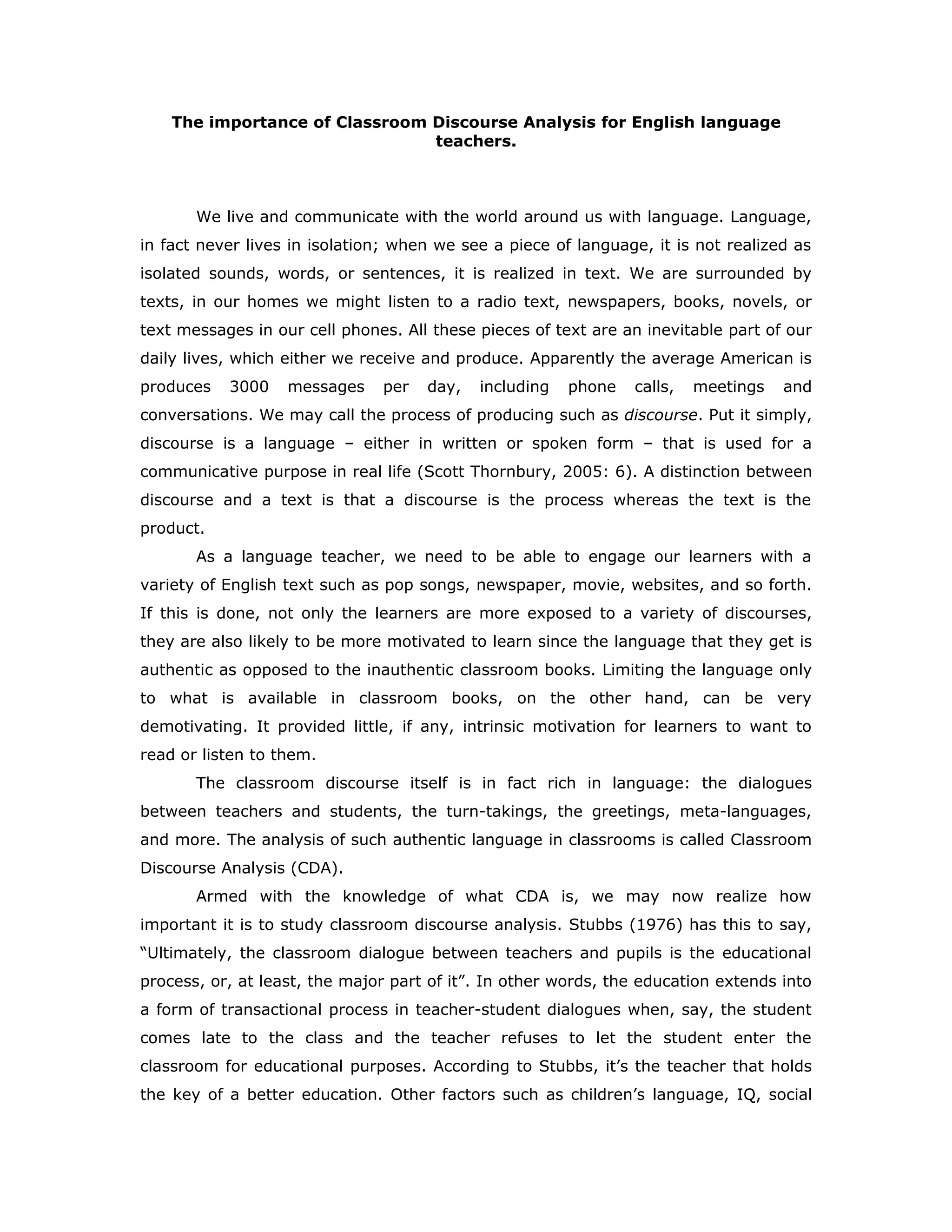 The importance of classroom discourse analysis for ELT teachers | DOC | Education
