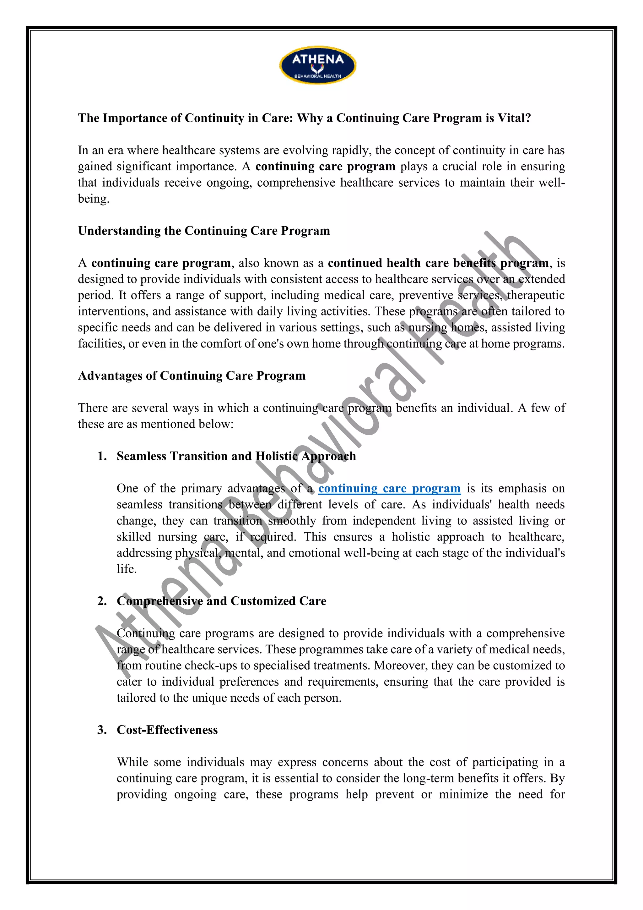 The Importance of Continuity in Care: Why a Continuing Care Program is Vital? | PDF