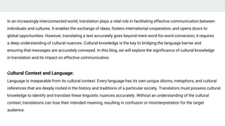 The Importance of Cultural Knowledge in Translation: Bridging the ...
