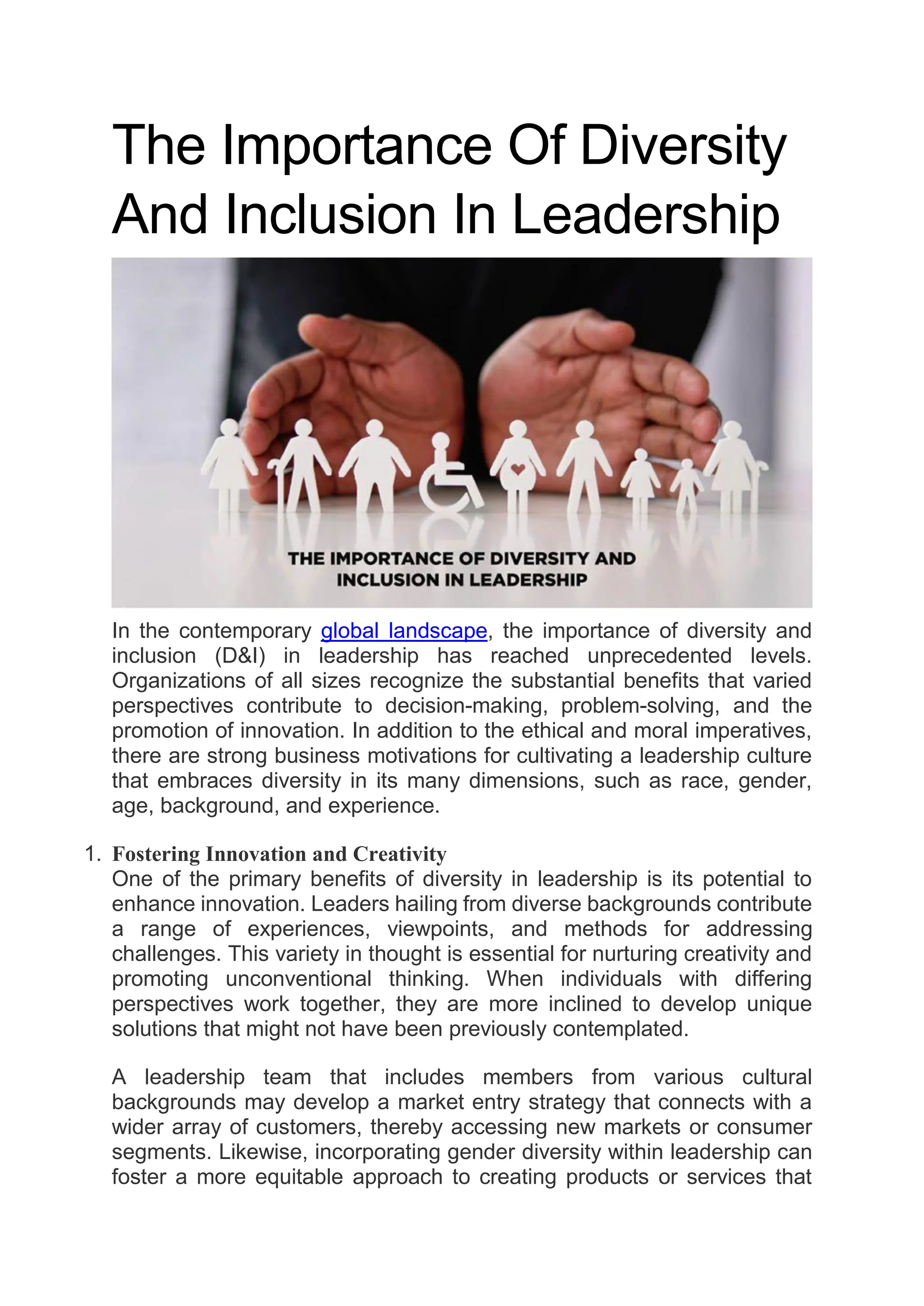 The Importance Of Diversity And Inclusion In Leadership | PDF