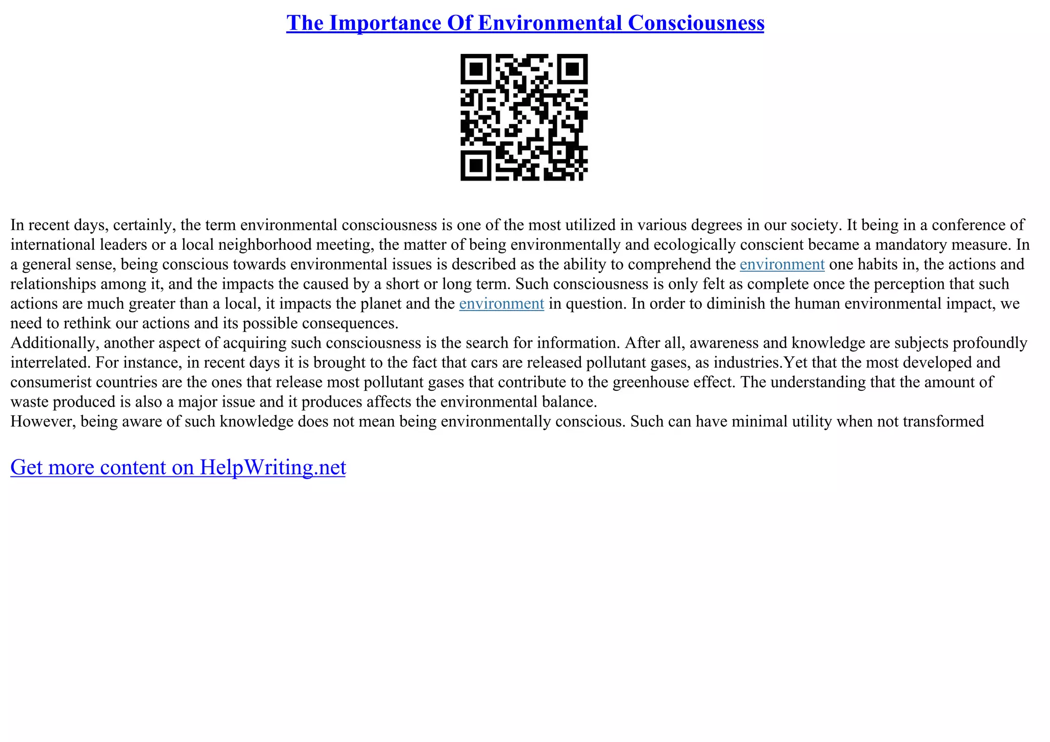 The Importance Of Environmental Consciousness | PDF