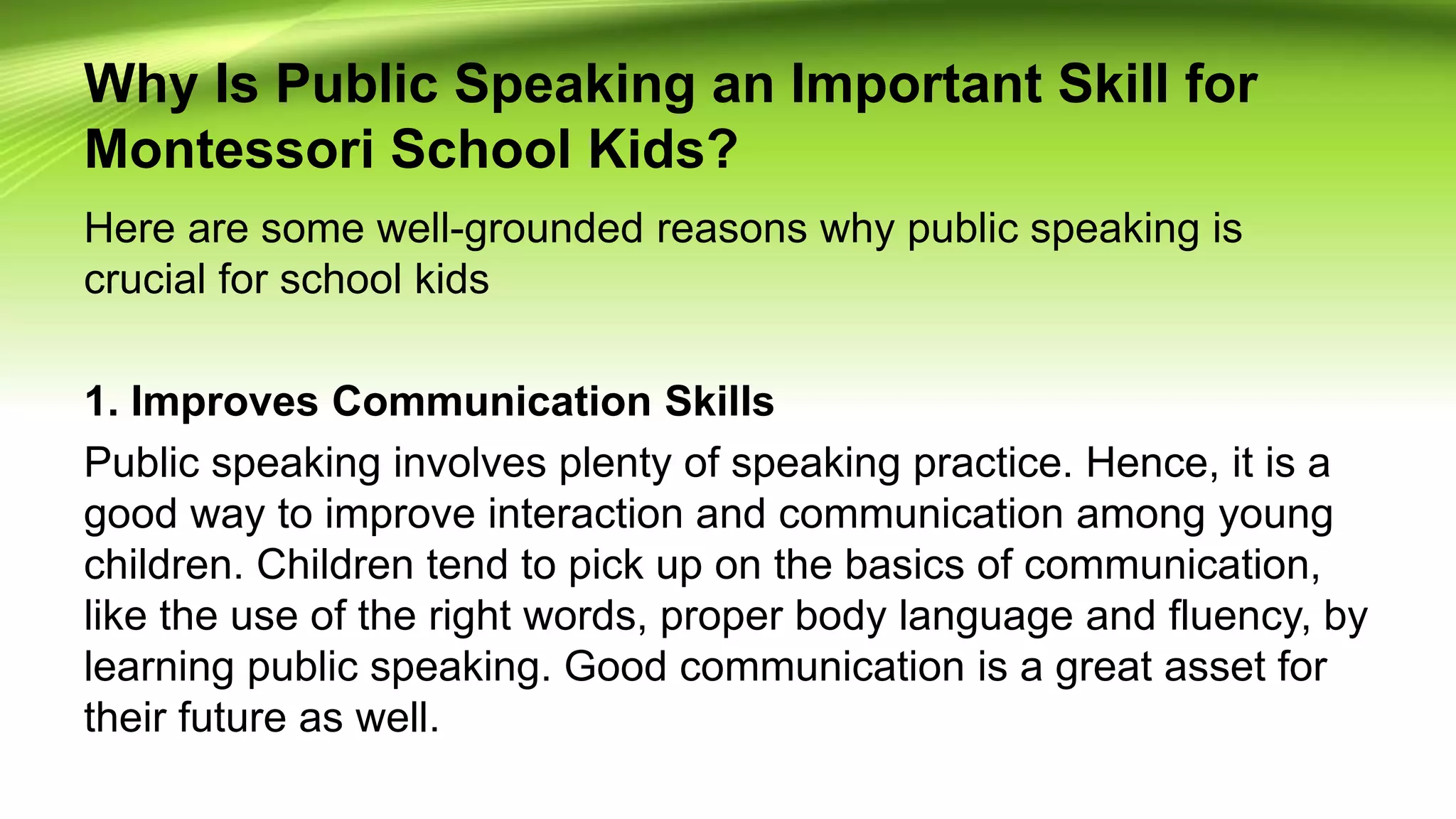 The Importance of Public Speaking for Montessori School Kids | PPTX