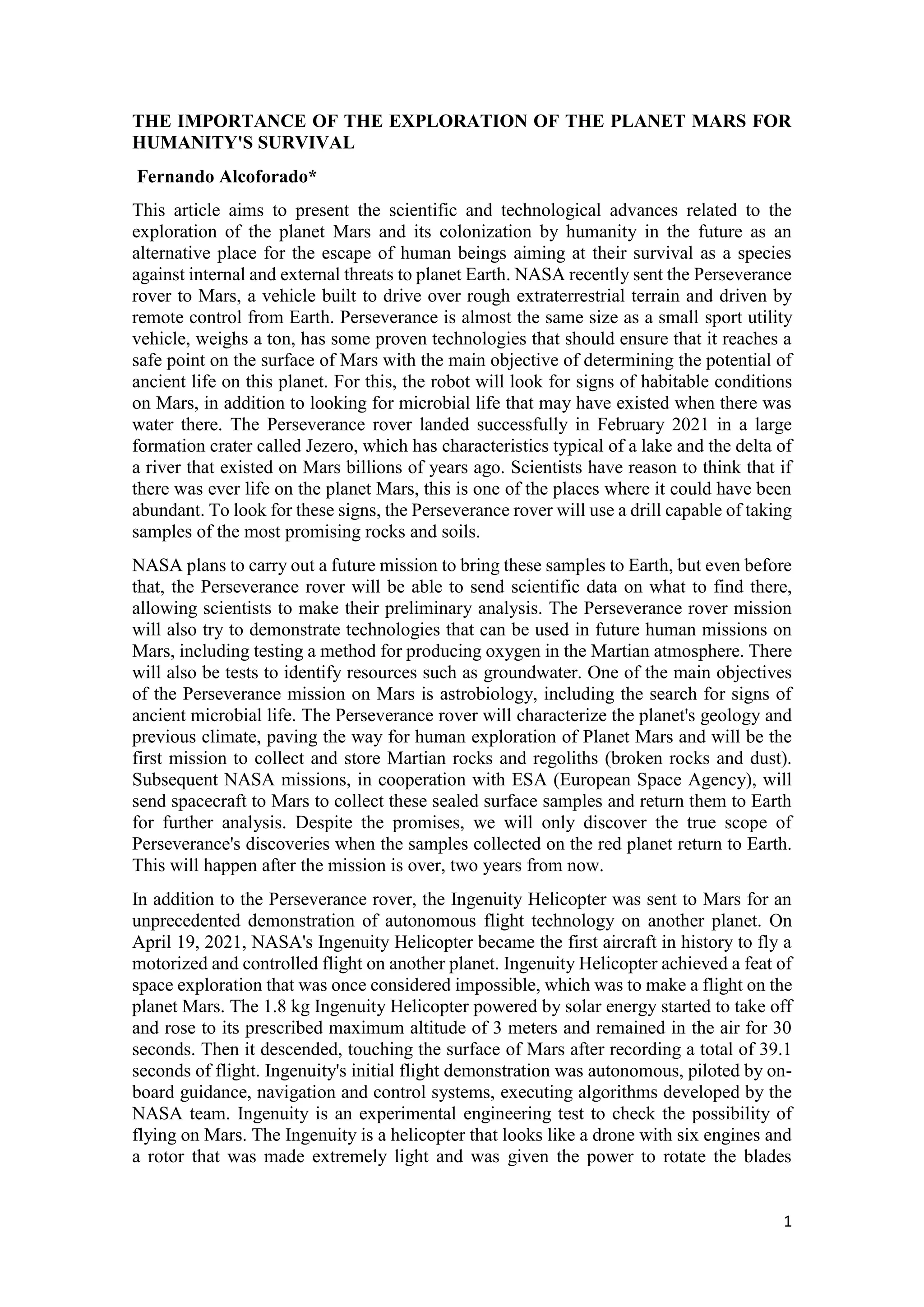 THE IMPORTANCE OF THE EXPLORATION OF THE PLANET MARS FOR HUMANITY'S ...