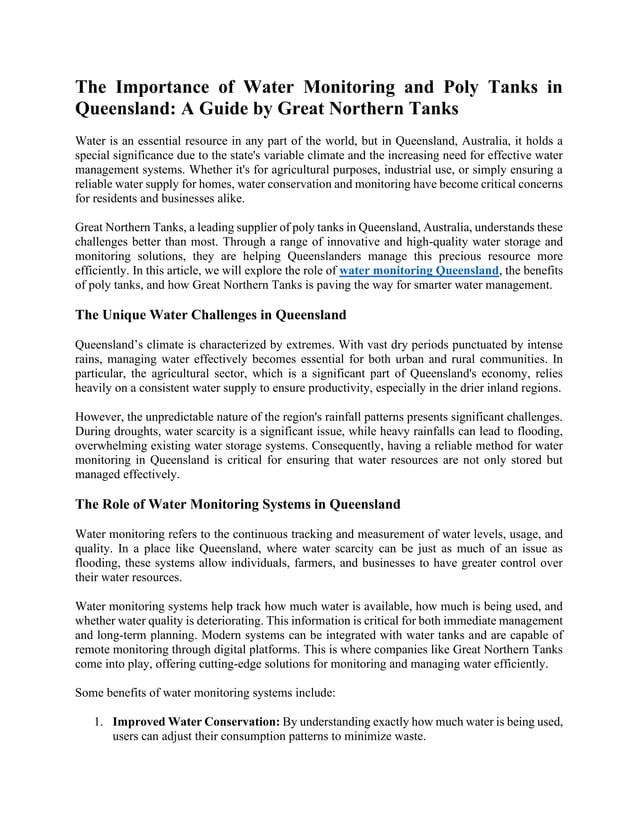 The Importance of Water Monitoring and Poly Tanks in Queensland: A ...