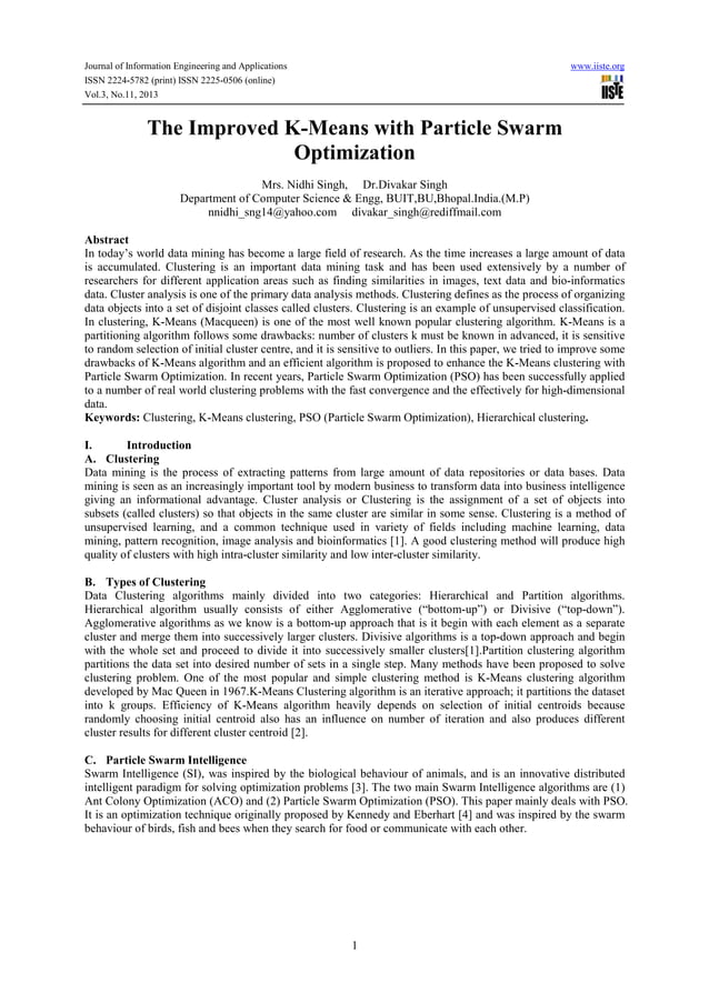 The improved k means with particle swarm optimization | PDF