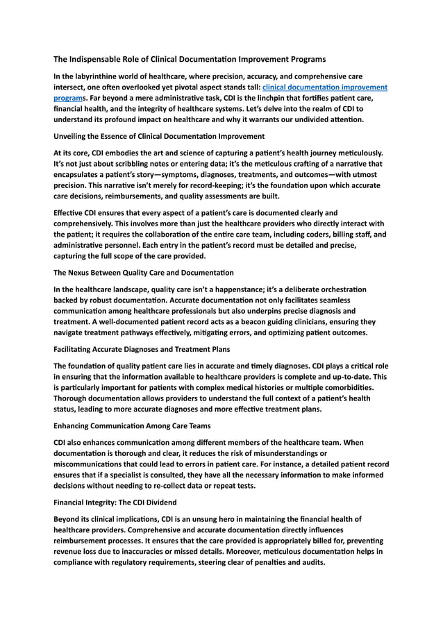 The Indispensable Role of Clinical Documentation Improvement Programs | PDF