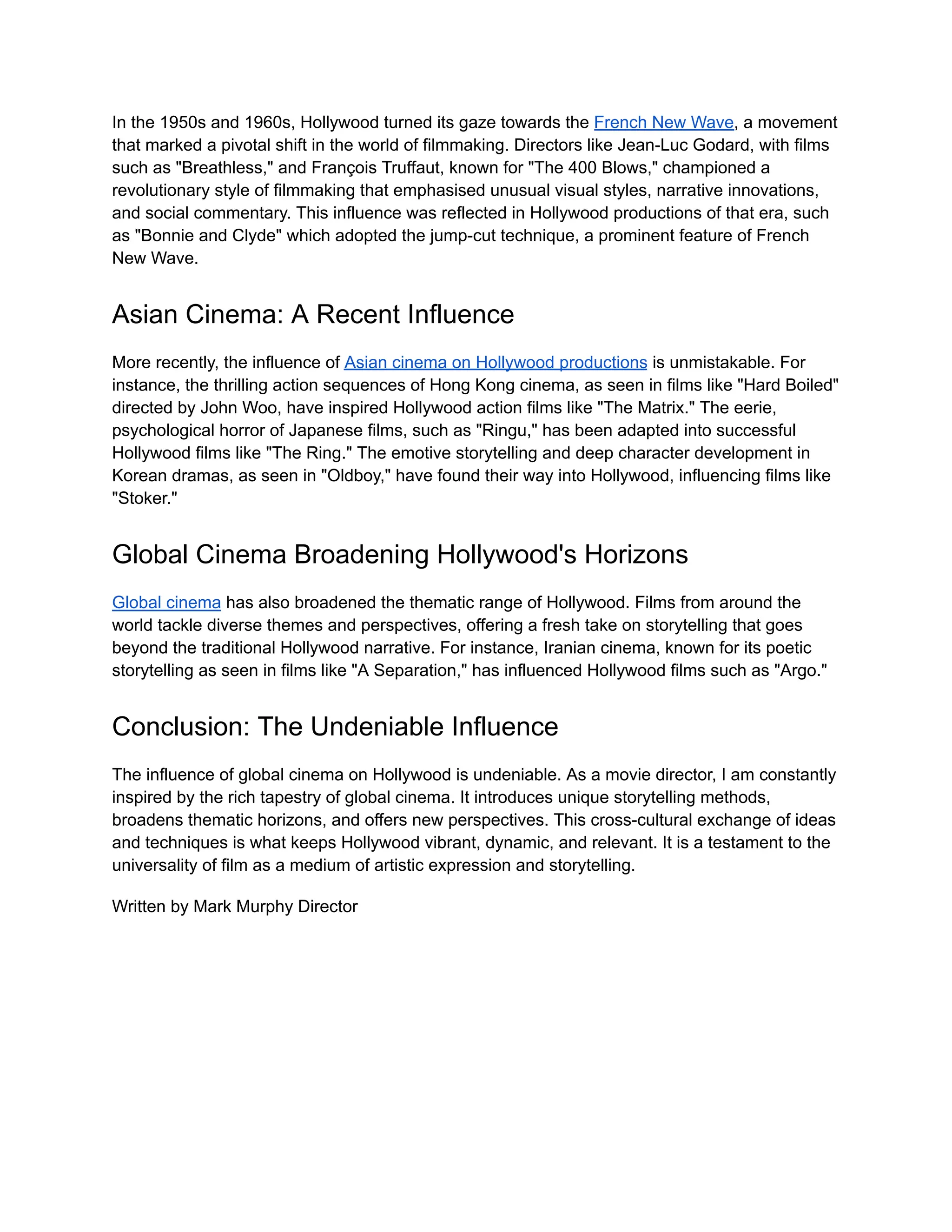 The Influence of Global Cinema on Hollywood Productions | PDF