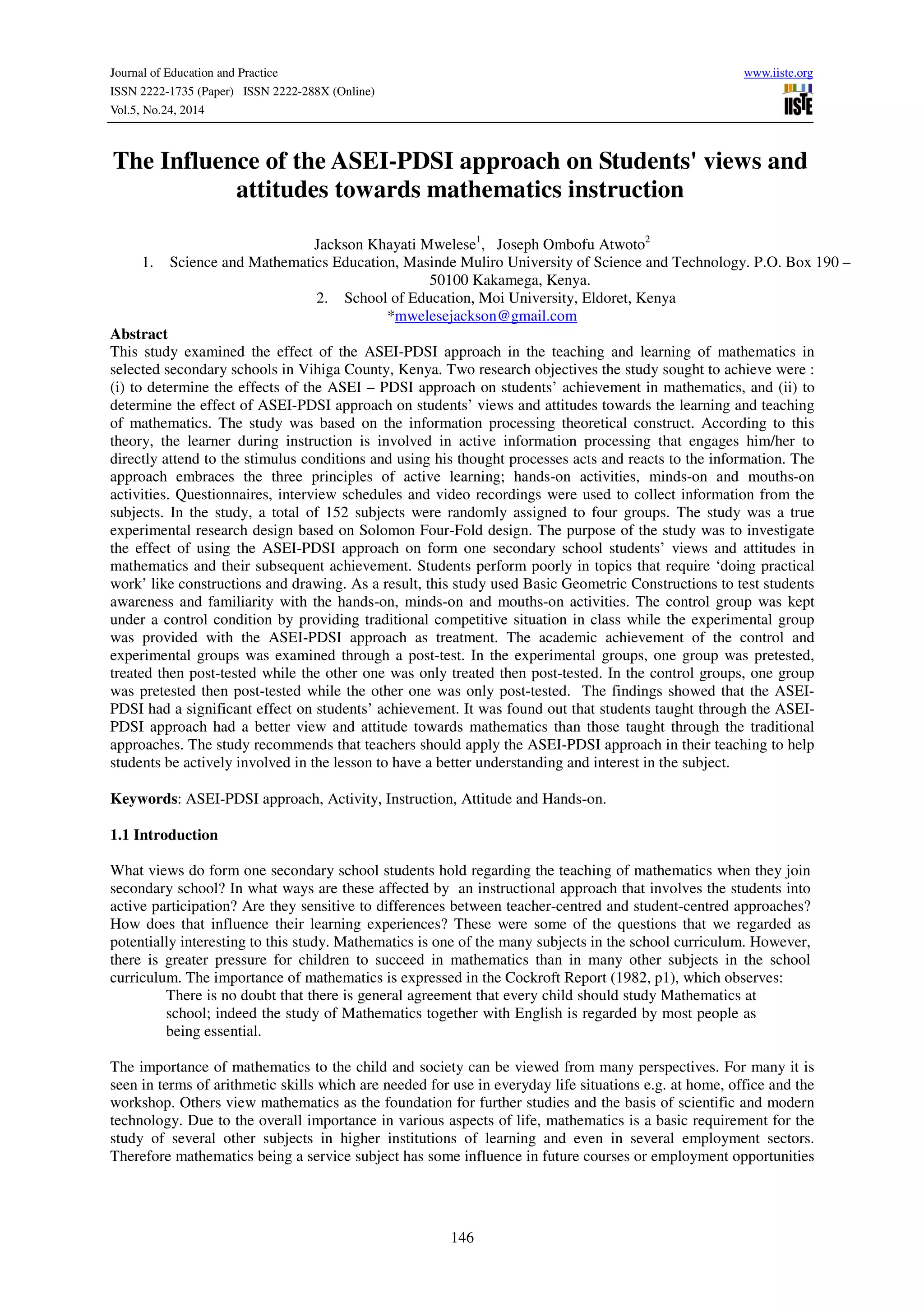The influence of the asei pdsi approach on students' views and | PDF