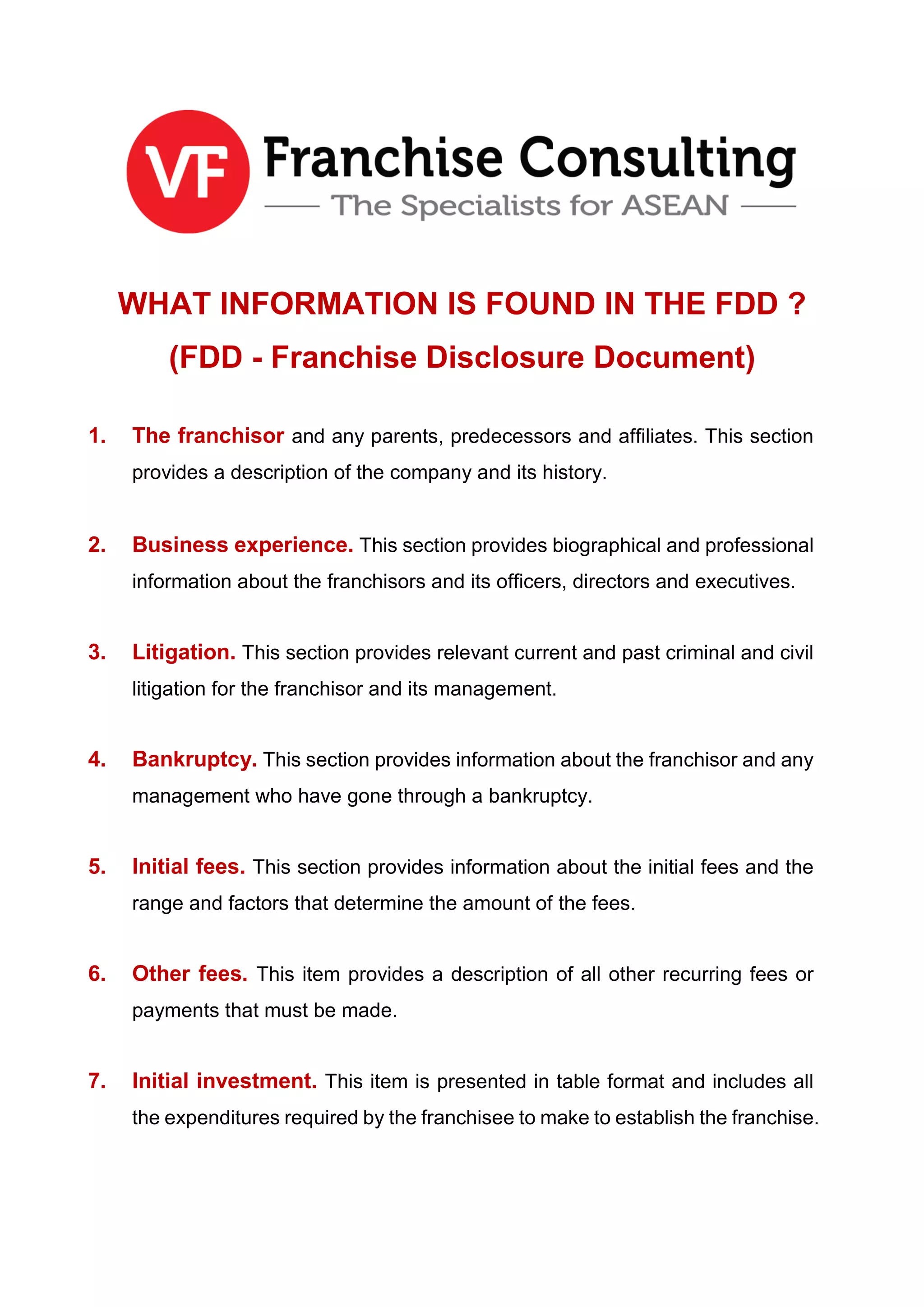 The INFORMATION is found in the FDD (Franchise Disclosure Document) | PDF