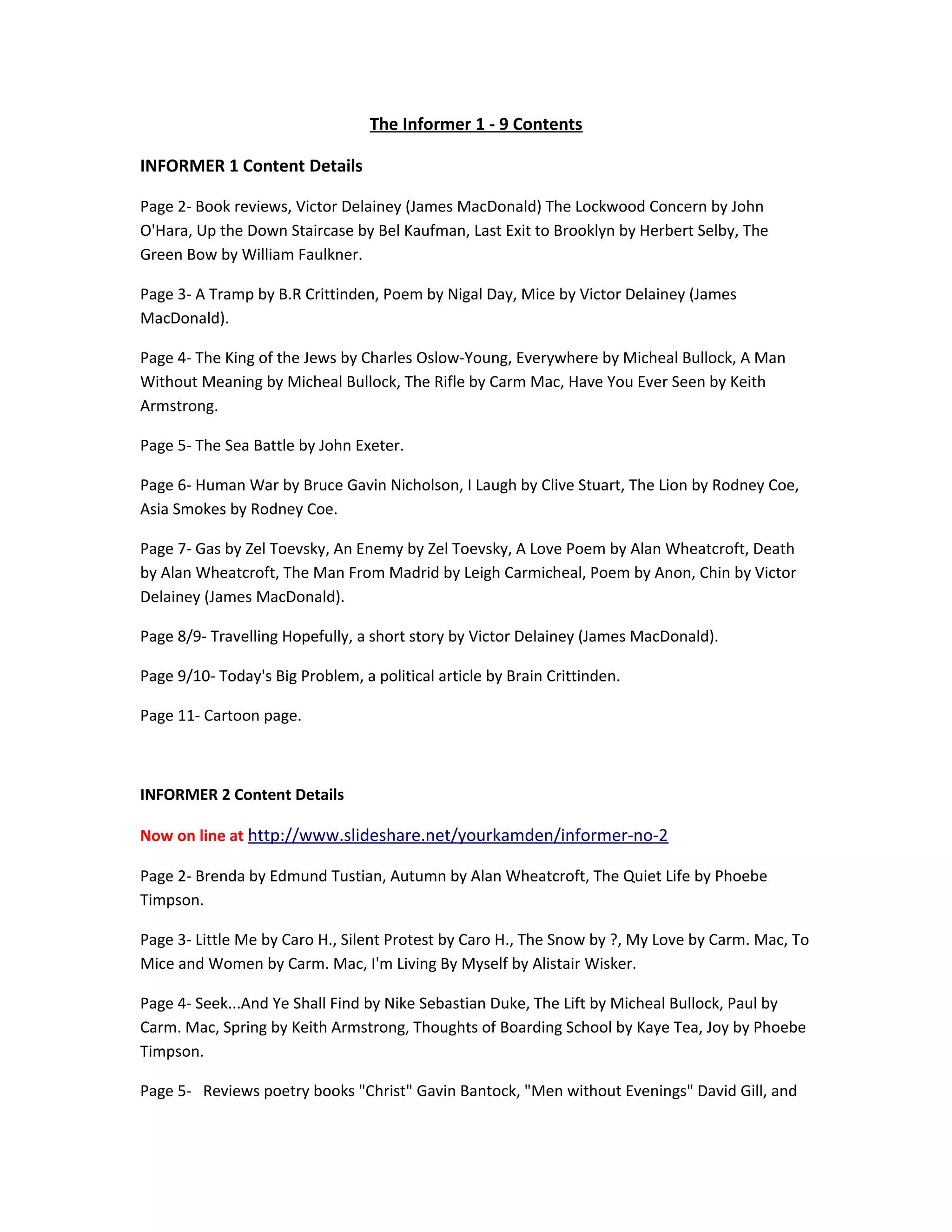 The Informer (international poetry magazine) complete contents 1966 ...