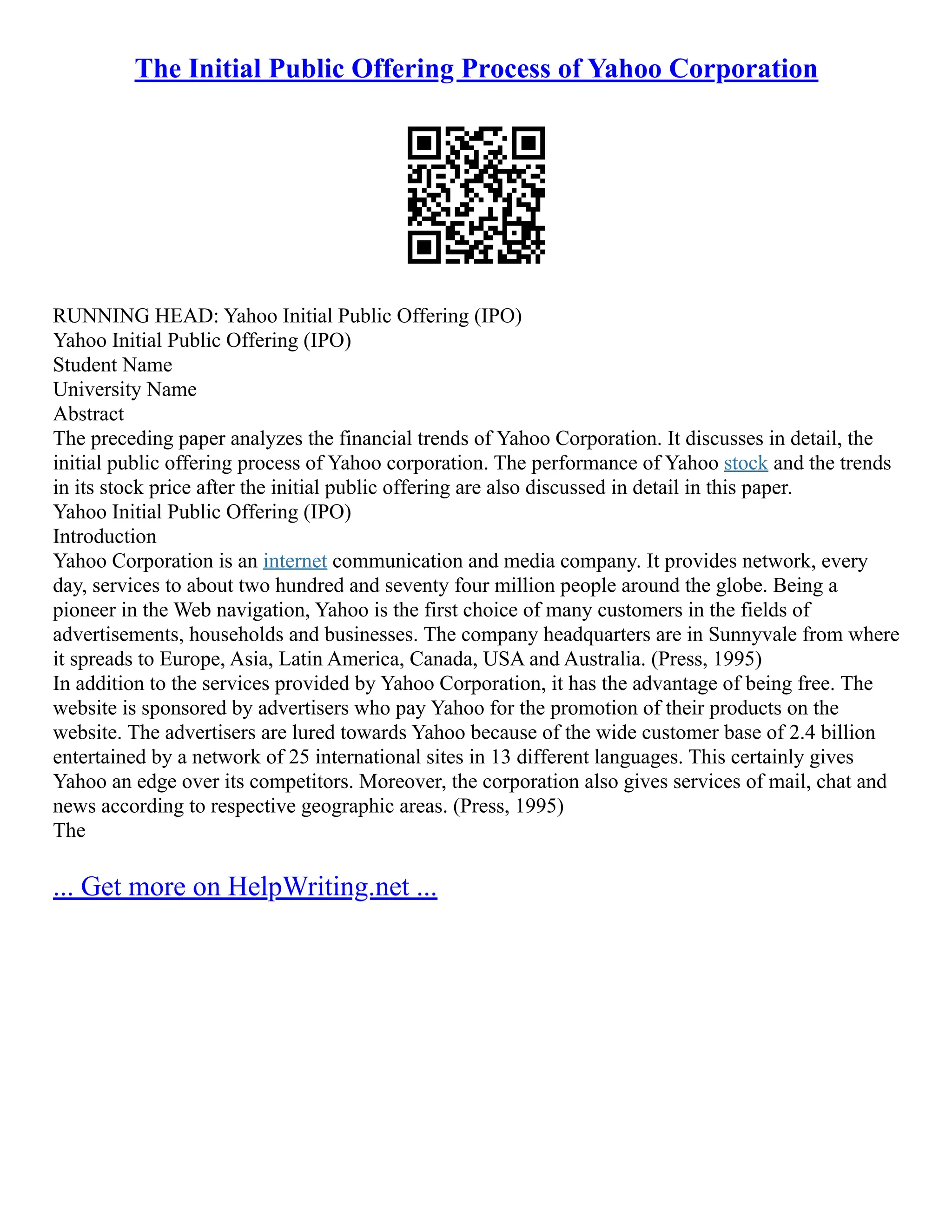 The Initial Public Offering Process Of Yahoo Corporation | PDF