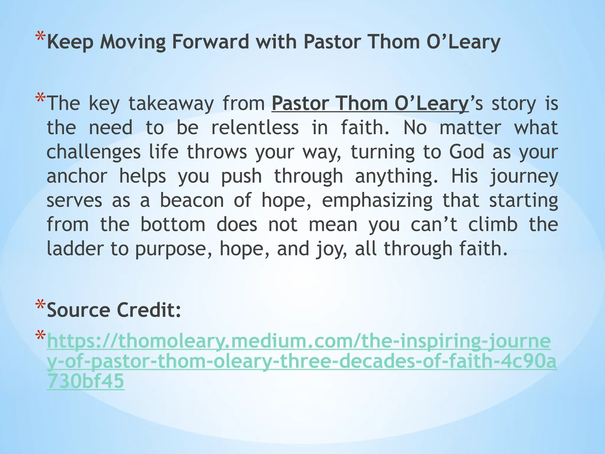 The Inspiring Journey of Pastor Thom O’Leary: Three Decades of Faith | PPTX