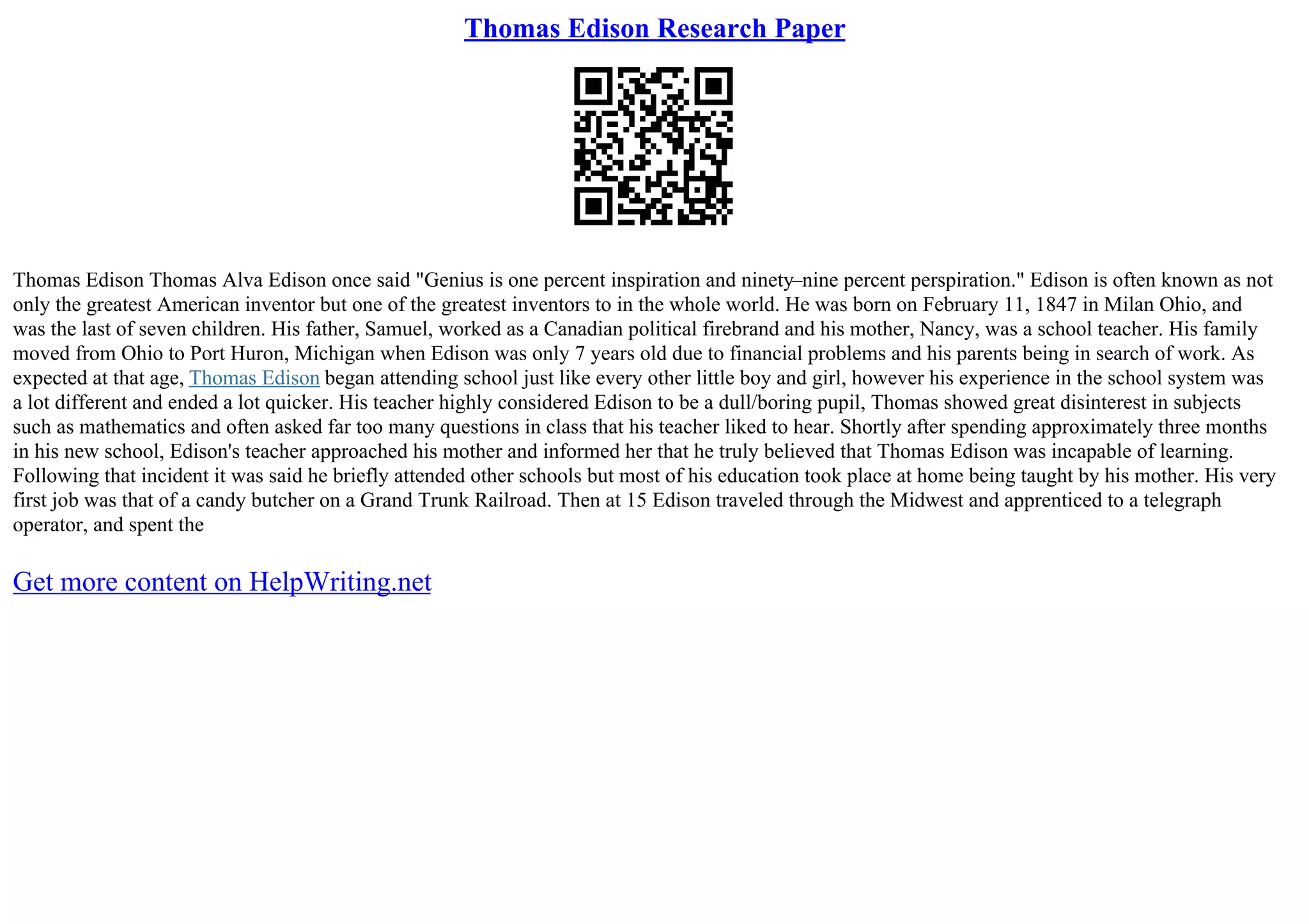 The Invention Of Thomas Edison Essay | PDF