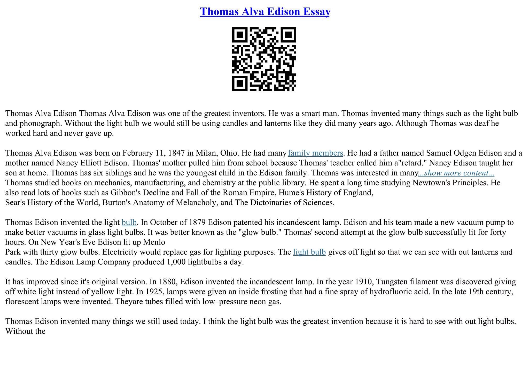 The Invention Of Thomas Edison Essay | PPT