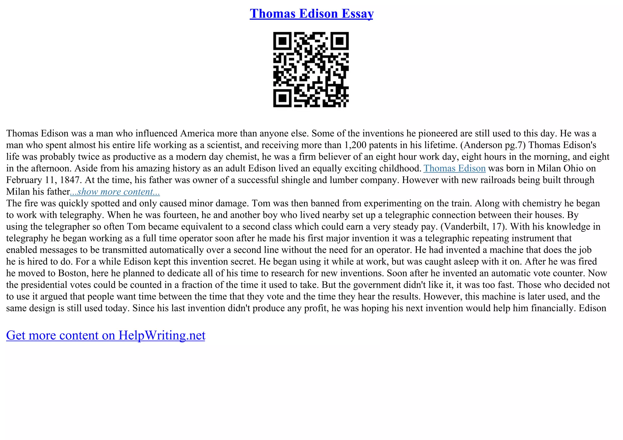 The Invention Of Thomas Edison Essay | PDF