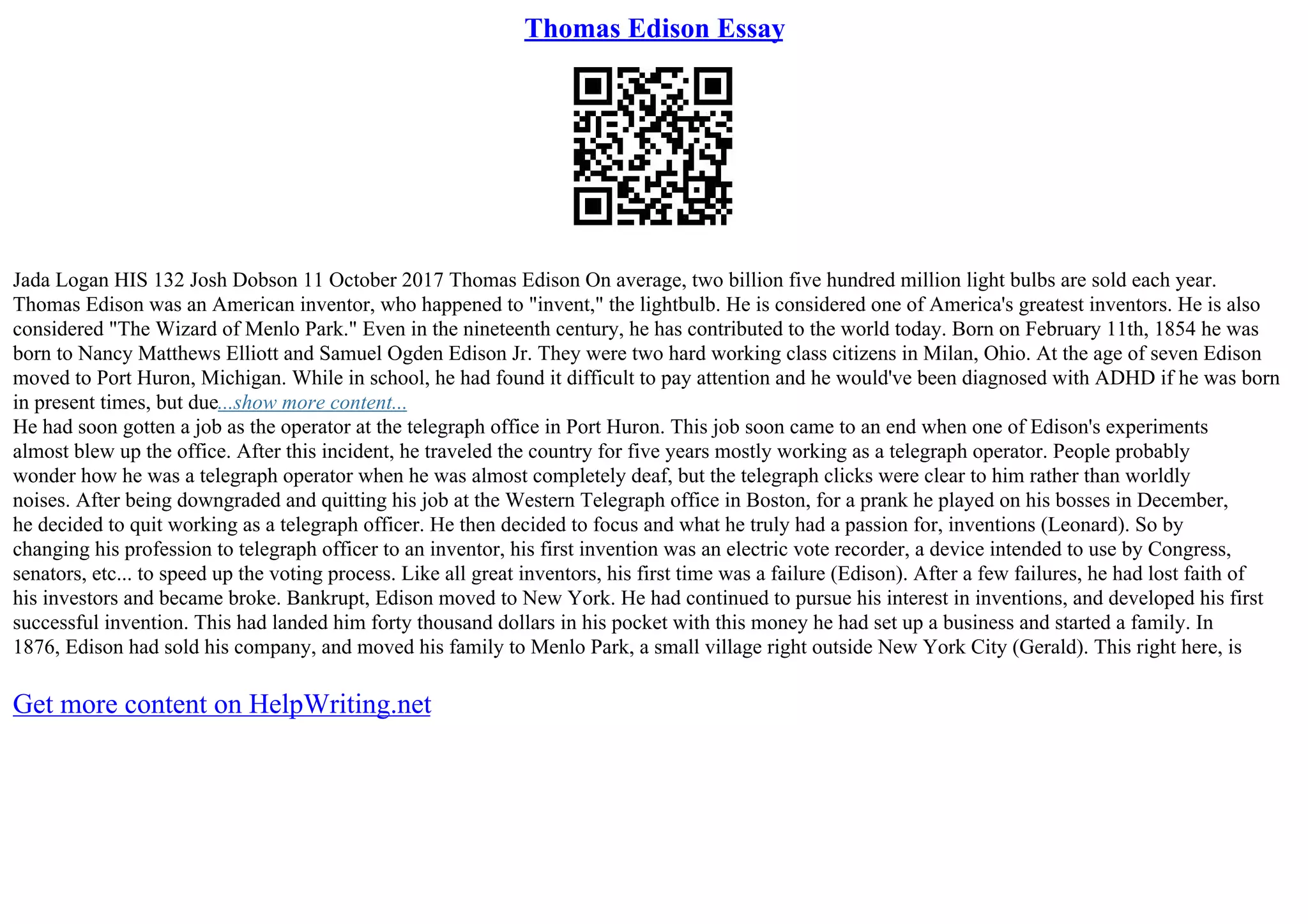 The Invention Of Thomas Edison Essay | PPT