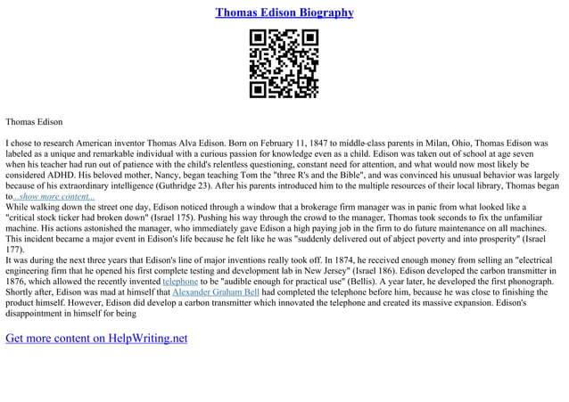 The Invention Of Thomas Edison Essay | PPT