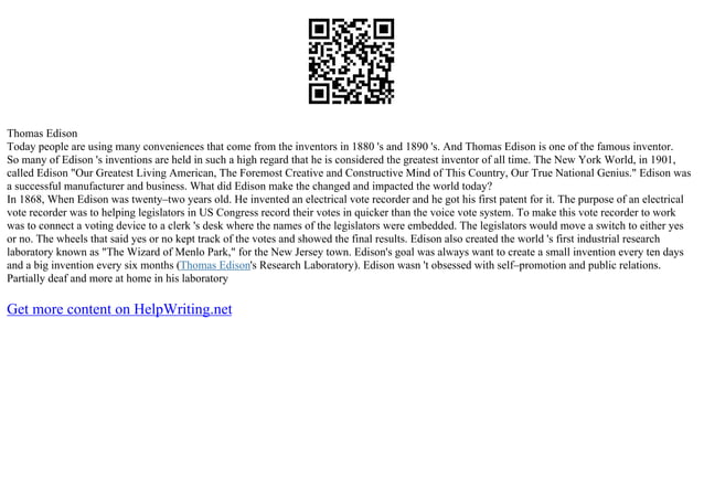 The Invention Of Thomas Edison Essay | PPT