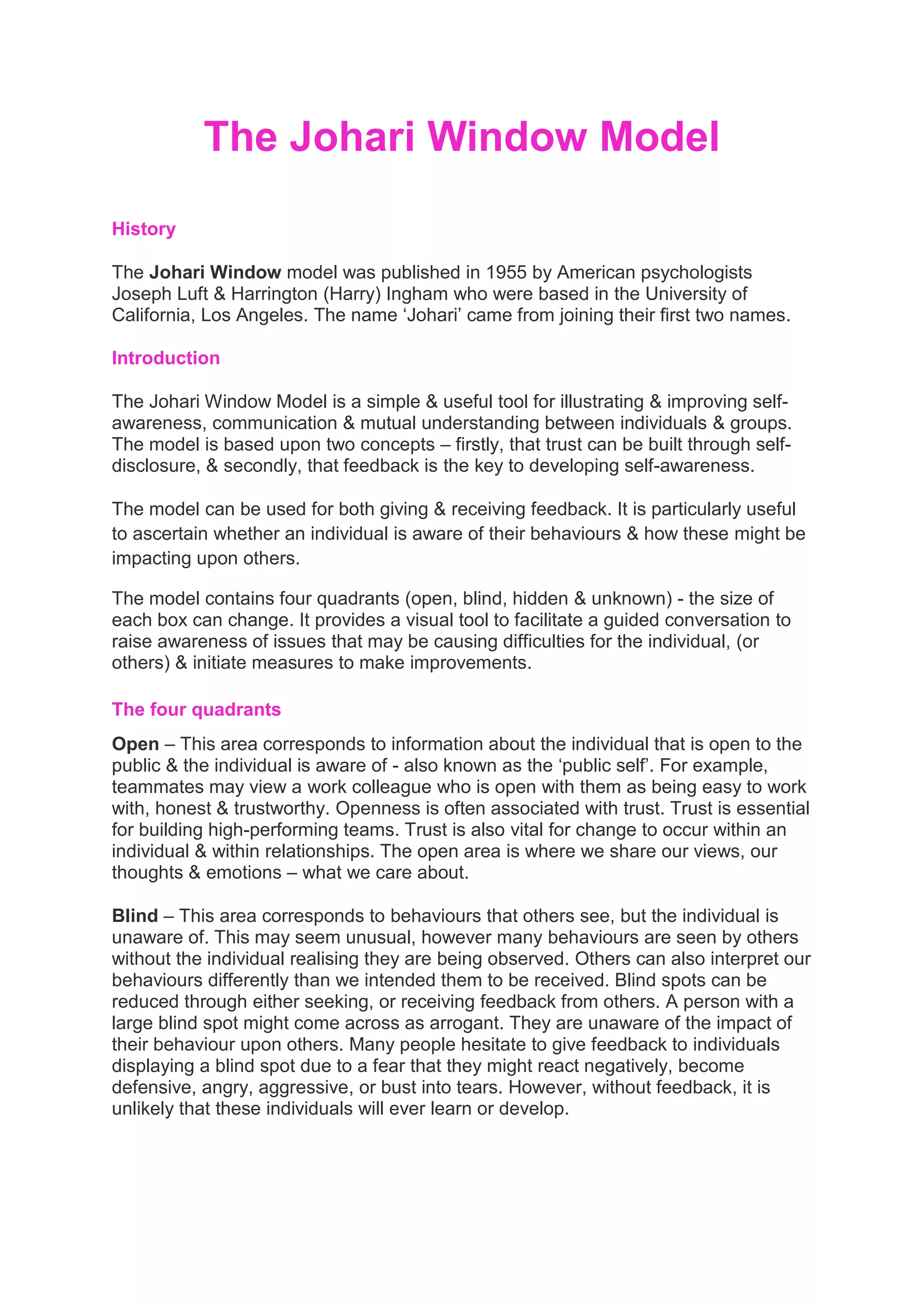 The Johari Window Model to increase self-awareness & build trust | PDF