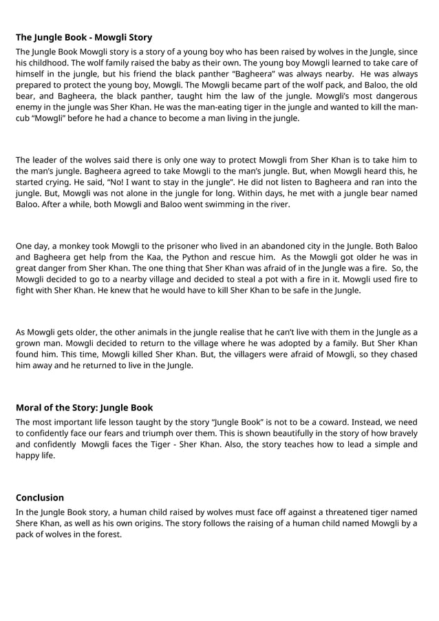 The Jungle Book - story of Mowgli primary short story | PDF