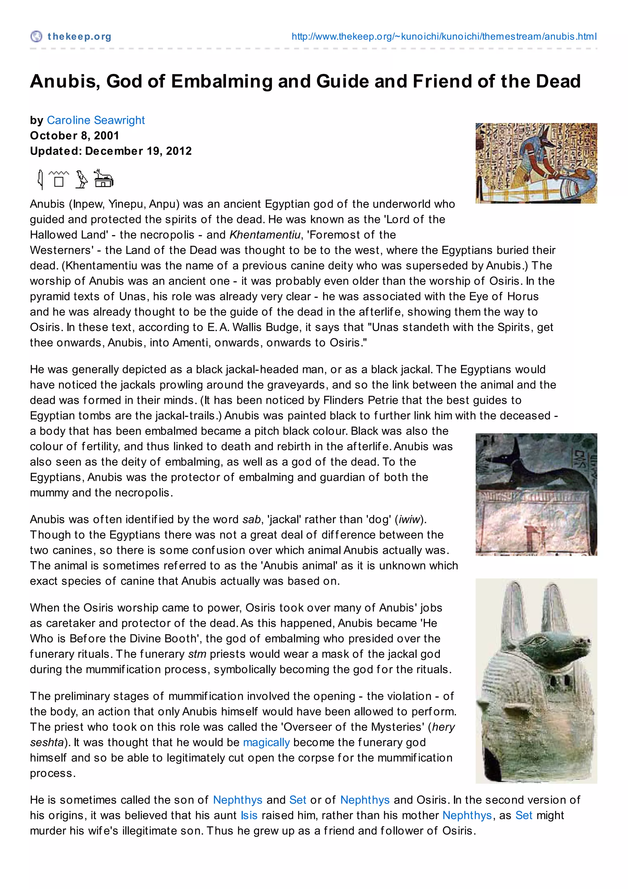 Anubis, Ancient Egyptian God of Embalming and the Dead | PDF