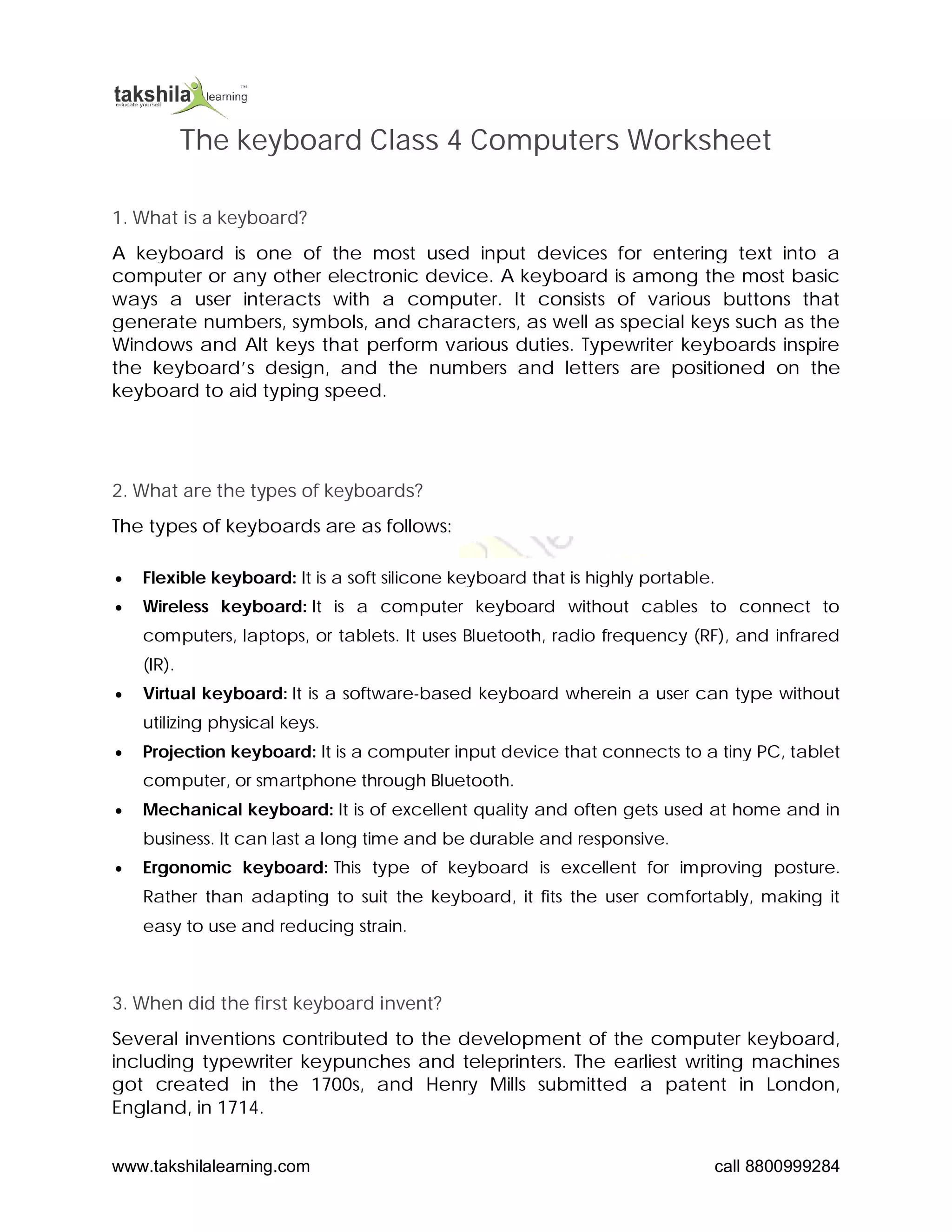 The keyboard Class 4 Computers Worksheet.pdf