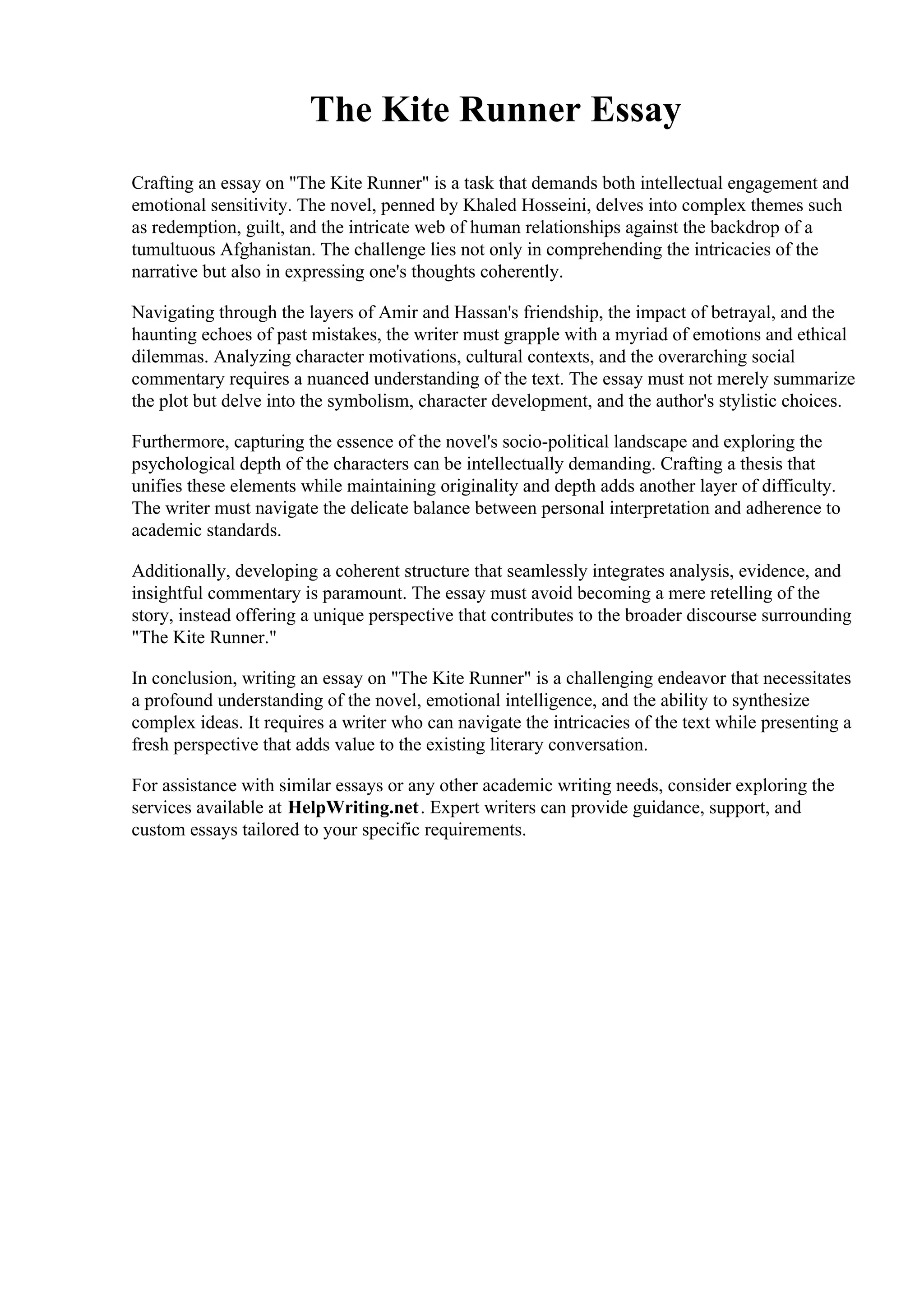 The Kite Runner Essay. Ferris State University | PDF