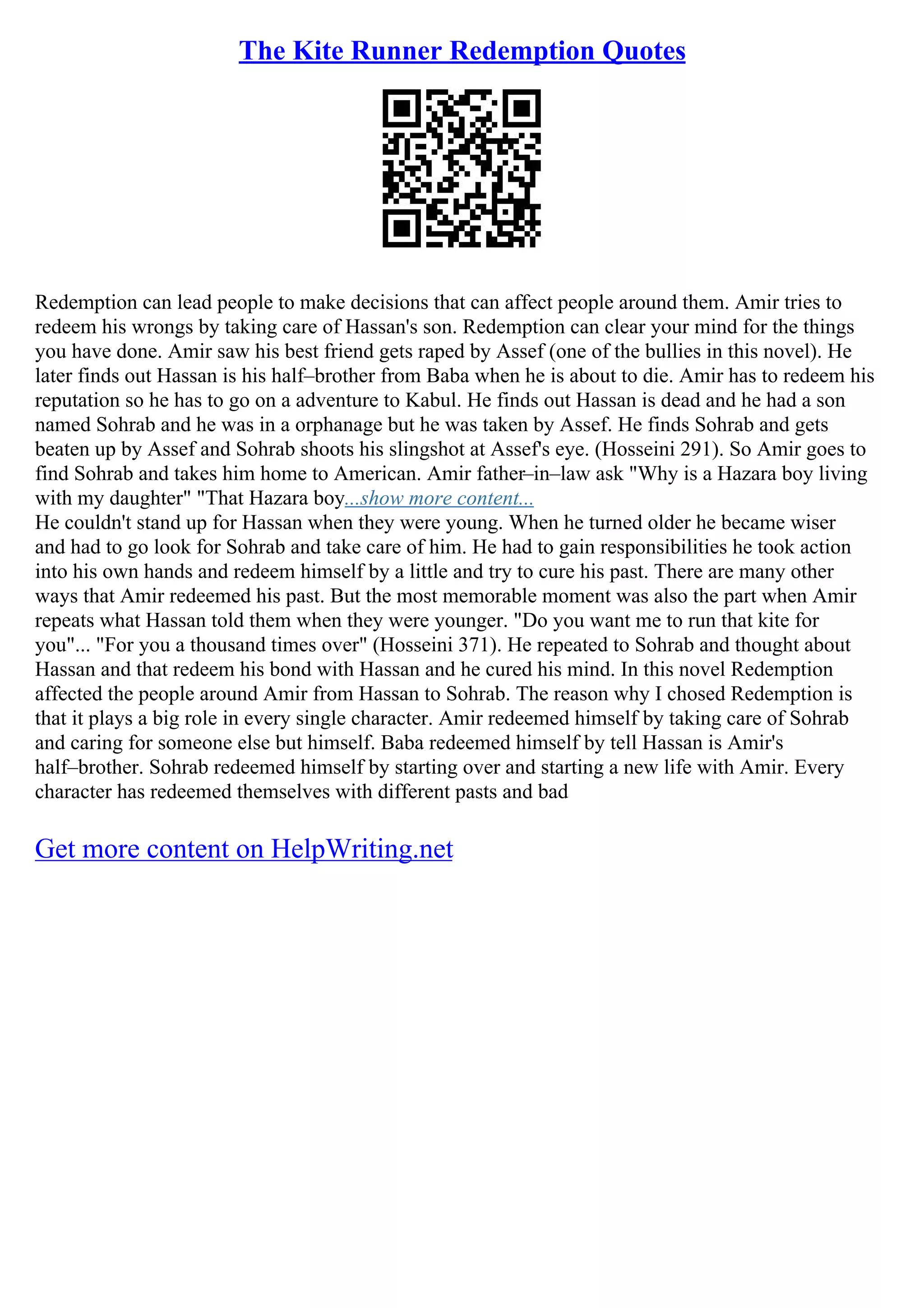 The Kite Runner Redemption Quotes | PDF